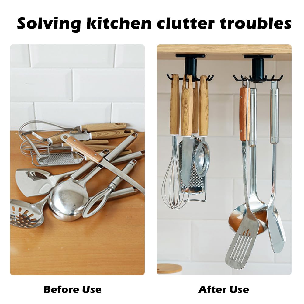 TIE-DailyNec 4 Pack Under Cabinet Kitchen Utensil Hooks Utility Hooks 360 °Rotating Nail Free Adhesive Hanging Hooks for Kitchen Utensils, Tools, Towel, Knife (Gray)