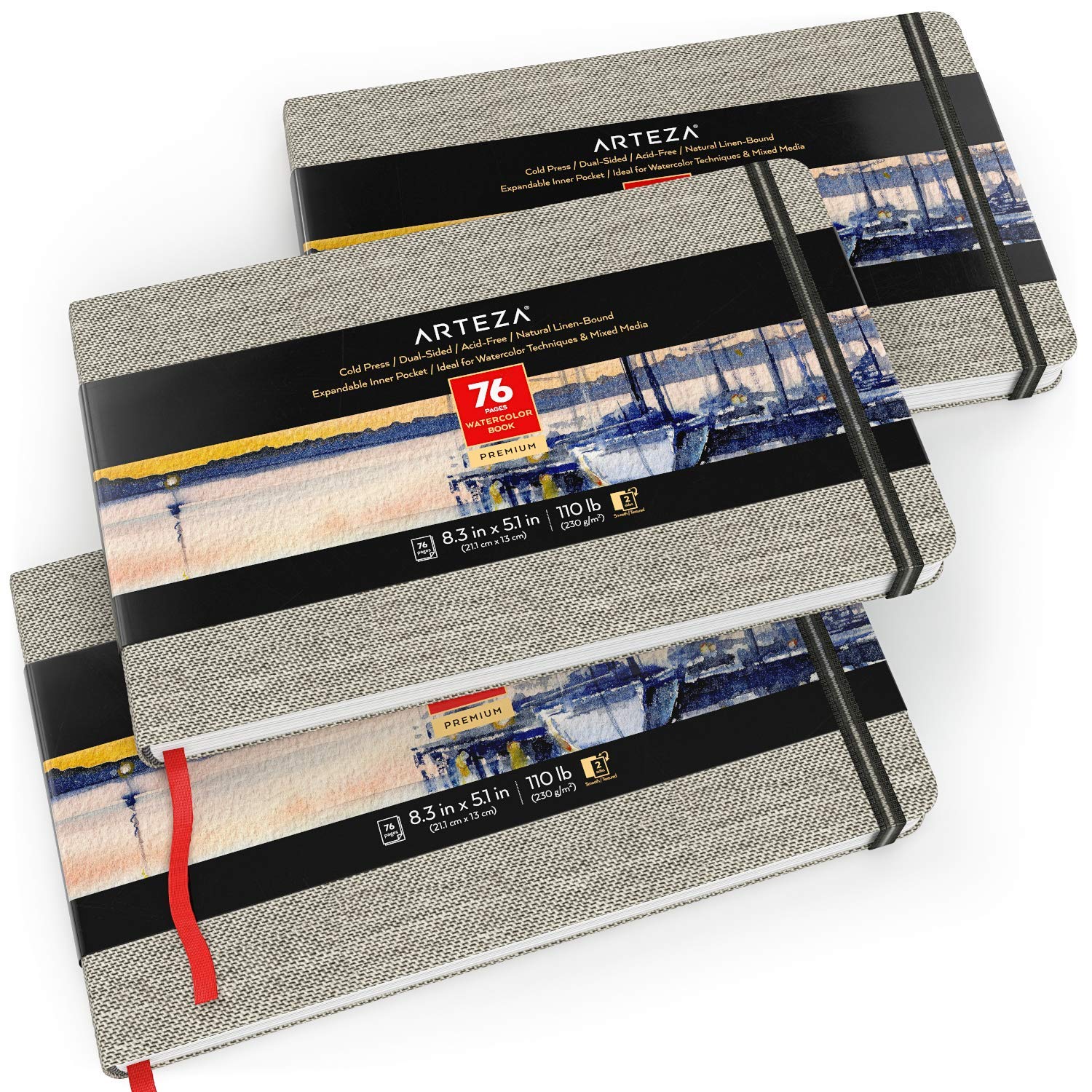 ARTEZA Watercolor Book, Pack of 3, 76 Pages Each, 5.1x8.3 Inch Watercolor Notebook, 110lb/230gsm Cold Pressed Water Pad
