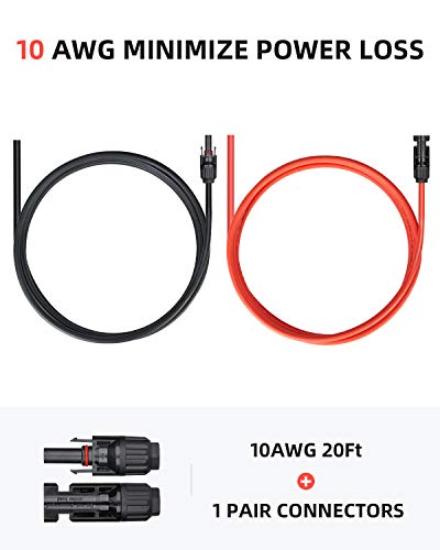 BougeRV 20 Feet 10AWG Solar Extension Cable with Female and Male Connector with Extra Free Pair of Connectors Solar Panel Adaptor Kit Tool (20FT Red + 20FT Black)