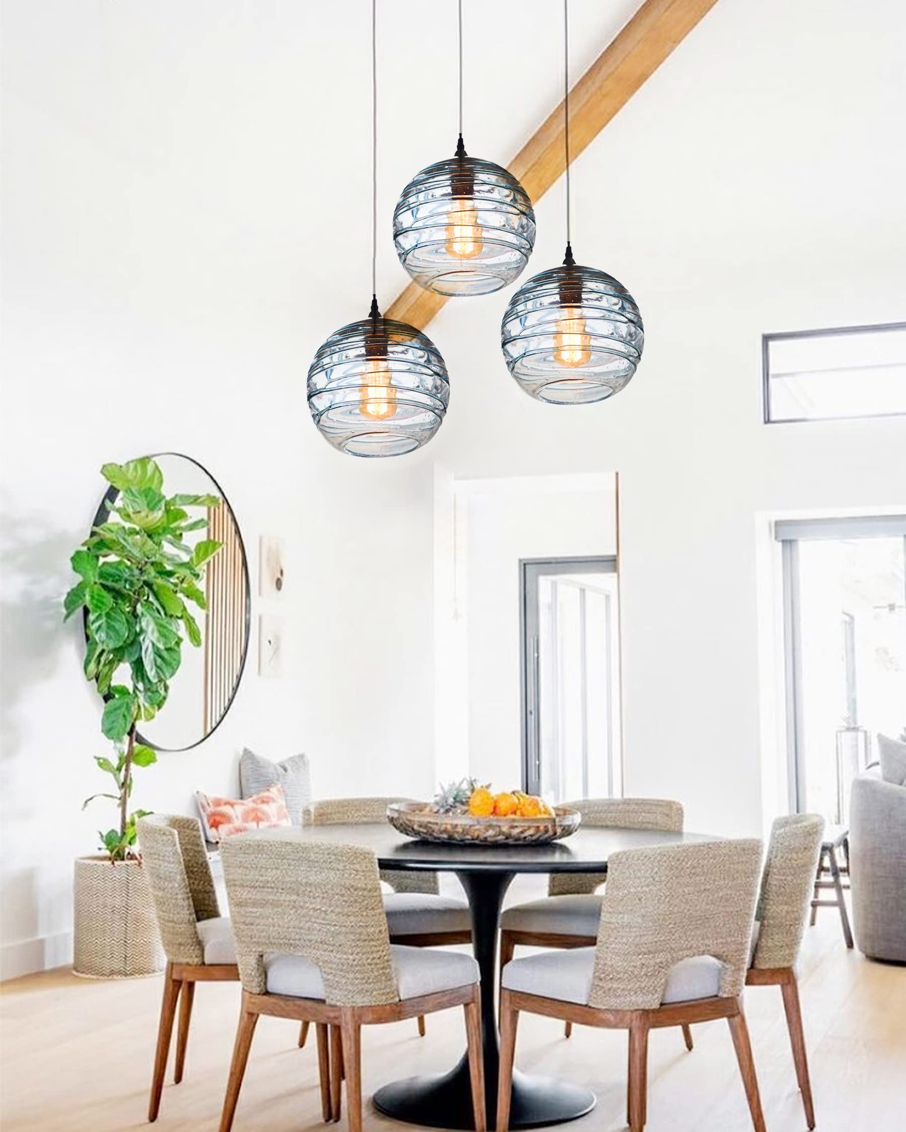 ARIAMOTION Pendant Lights Dining Room Coastal Lighting Fixtures Blue Stripe Seeded Glass Modern Style Ceiling Hanging Kitchen Island Beach House Sunroom Hallway Globe Lamp 9 Inch 2 Pack