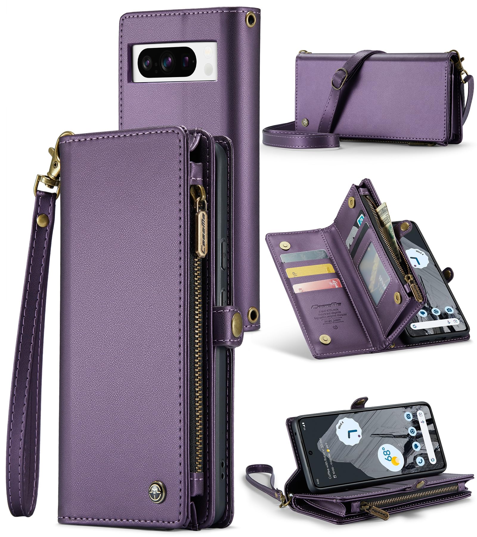 ASAPDOS Google Pixel 8 Pro Case Wallet(2023),Retro PU Leather Strap Wristlet Flip Case with Magnetic Closure,[RFID Blocking] Card Holder and Kickstand for Men Women Purple