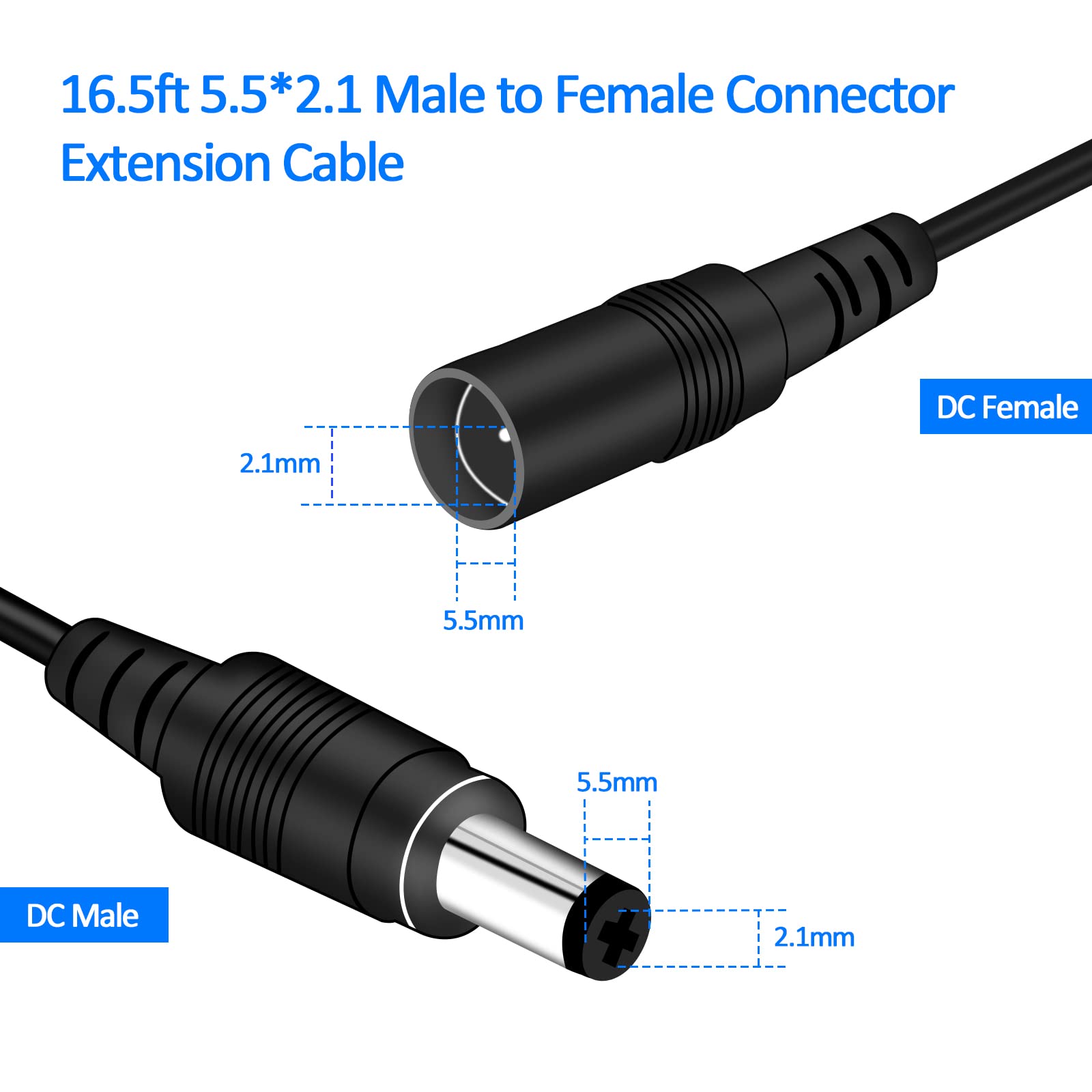 BOAVISION DC 12V Extension Cord,16.5ft(5m) Extension Cord DC Cable 2.1mm x 5.5mm Compatible with 12V DC Power Supply Adapter Cord WiFi Security IP Camera …