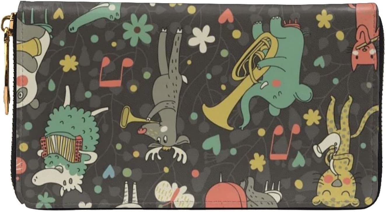 Animals Musicianselephant Cat Leather Wallet Long Clutch Purse Fashion Wristlet Handbag