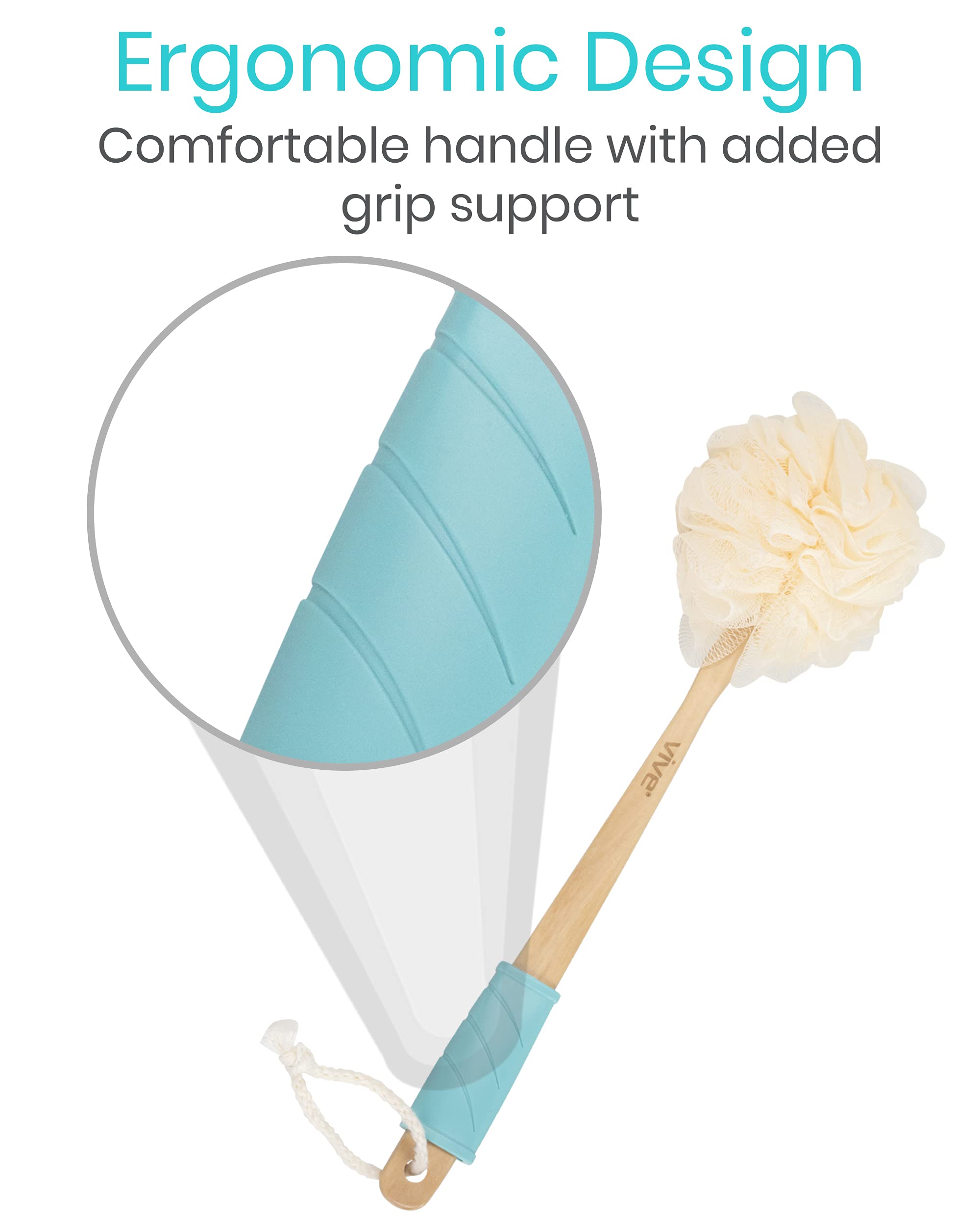 Vive 17” Shower Loofah with Long Handle - Exfoliating Back & Body Scrubber for Men & Women - Luffa Sponge on a Stick for Bathing, Cleaning - Includes Extra Handheld Lufa, Hook & String to Hang on Wall