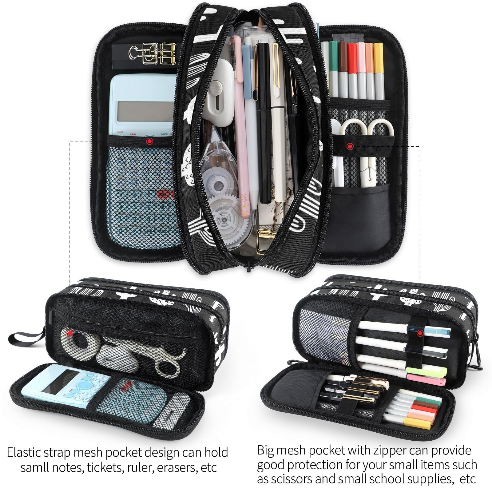 Fustylead Black and White Fun Western Cactus Pencil Pen Case with 3 Compartments, Lightweight & Spacious Stationery Bag Cosmetics Bag