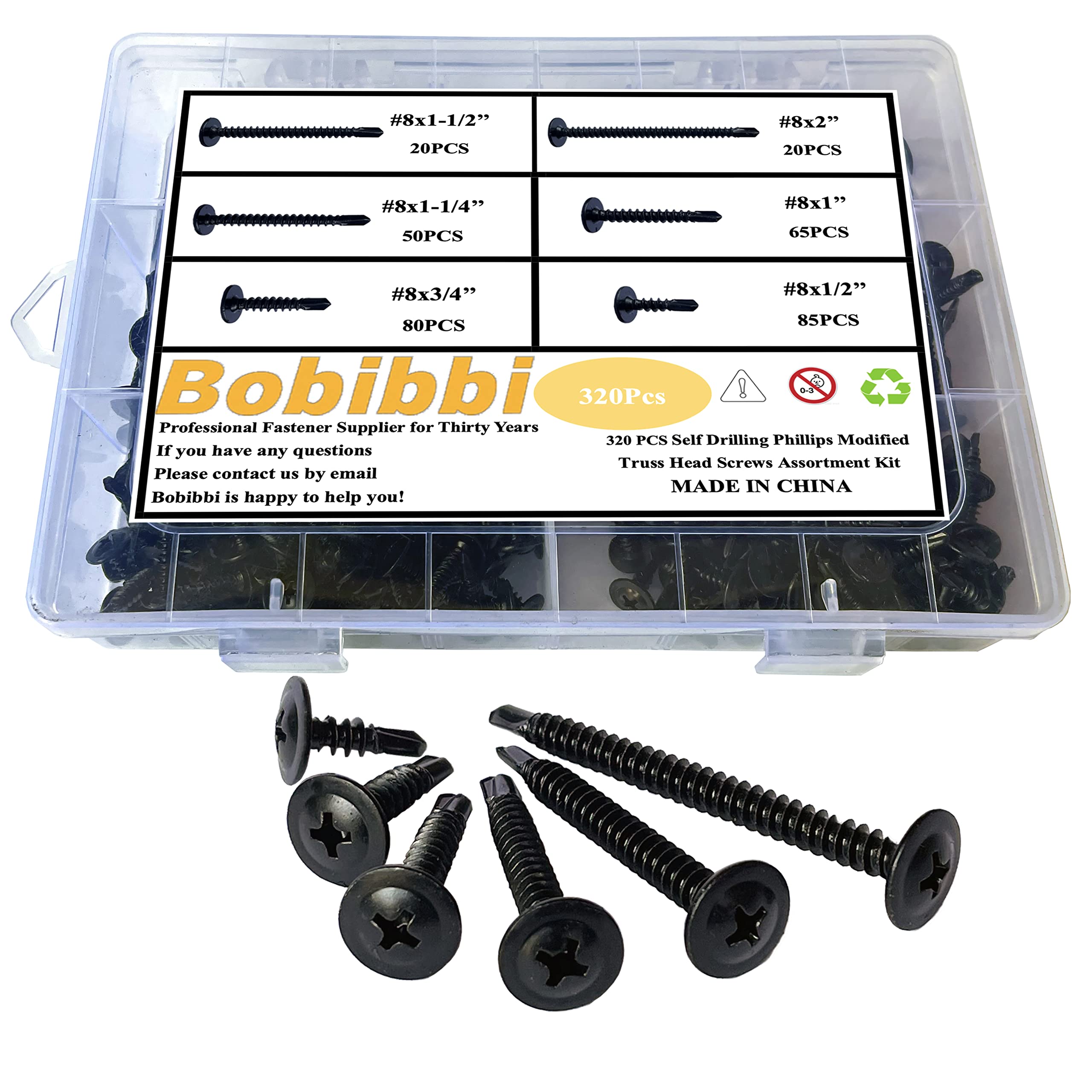 Bobibbi 320pcs #8 Black Self Tapping Screws for Metal Assortment Kit, Self Drilling Screws with 6 Sizes: #8 x 1/2'' - 2''