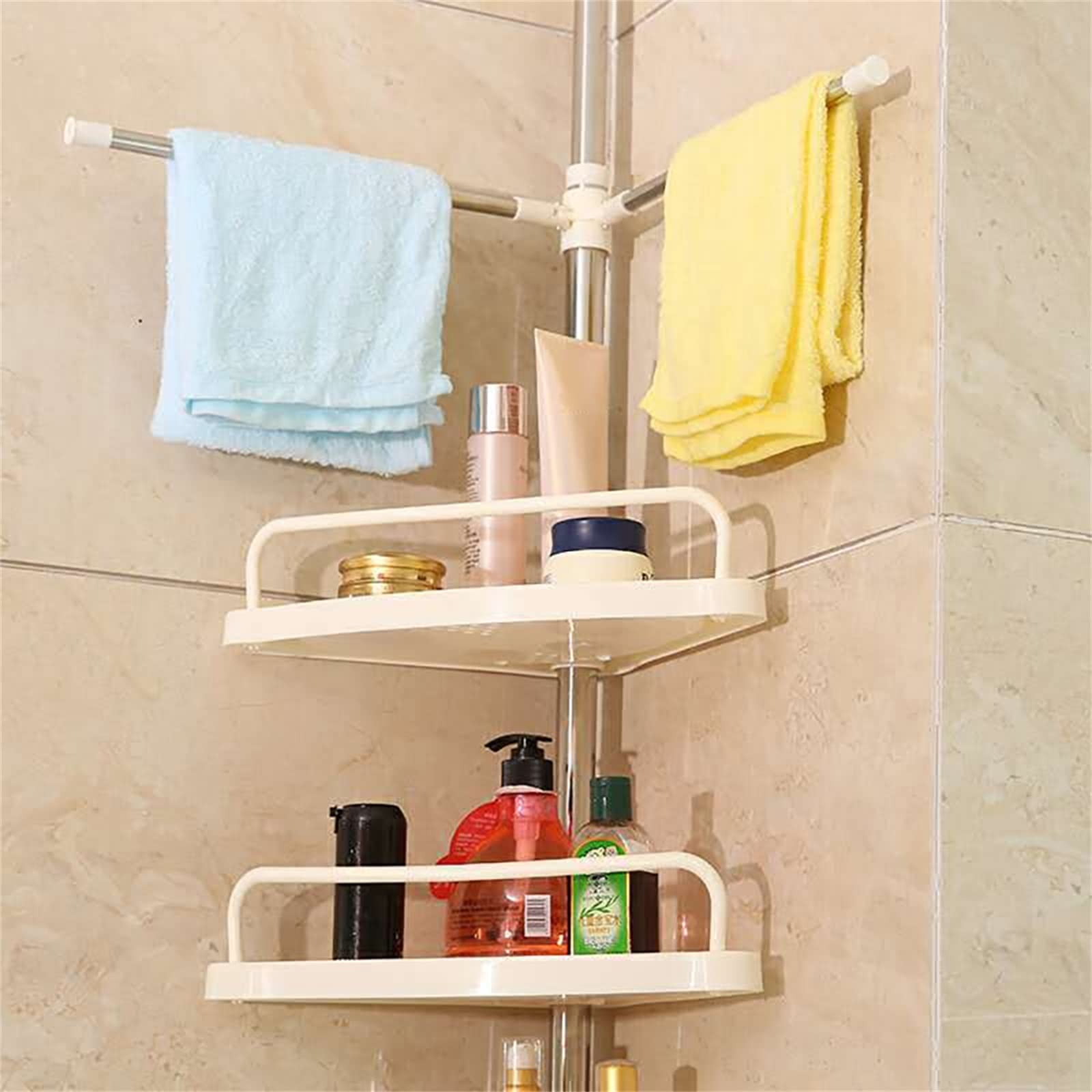 GDNTMU 4 Tier Bathroom Corner Shower shelf Tension Pole Rust Proof Telescopic Rod Storage Rack Organizer Corner Shower Organizer