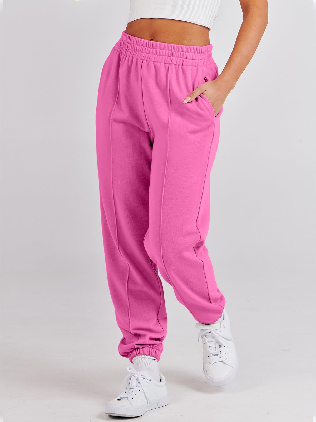 ANRABESS Women's High Waist Sweatpants Workout Athletic Joggers Pants Baggy Lounge Cinch Bottoms with Pockets 2024 Fall Hot Pink X-Large