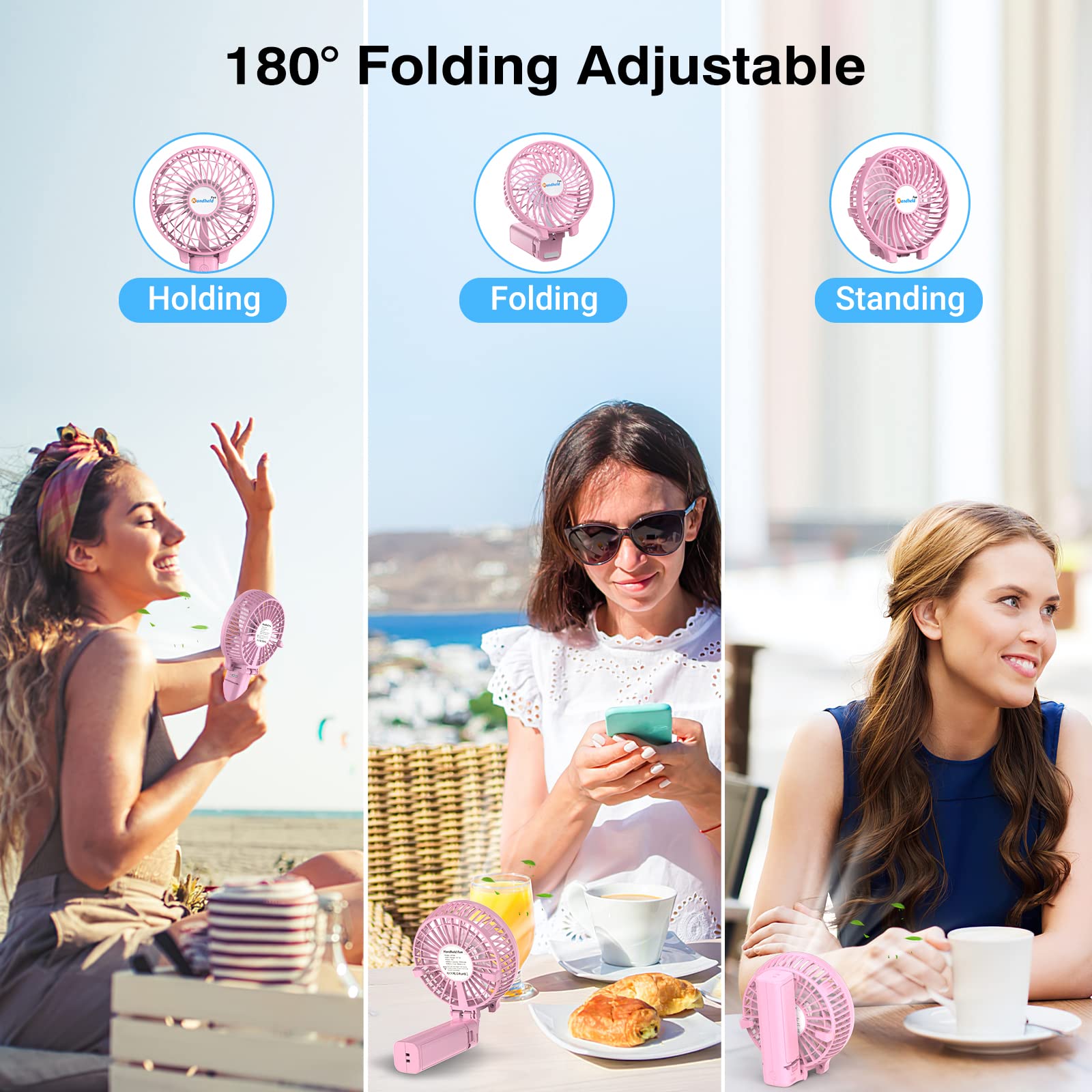 Lafhome Portable Handheld Fan, USB Rechargeable Hand Held Fan Foldable Desk Fan, 3 Speeds Battery Operated Fan Mini Electric Table Cooling Fan Personal Desktop Fan for Home Office Travel Pink