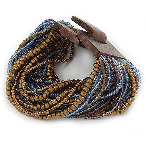 Avalaya Bronze/Light Blue/Purple/Peacock Glass Bead Multistrand Flex Bracelet with Wooden Closure - 19cm L