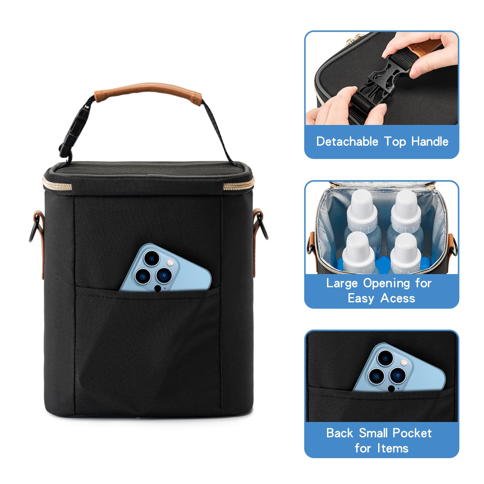 BABEYER Breast Milk Cooler Bag with Ice Pack Fits 4 Baby Bottles Up to 9 Ounce, Baby Bottle Bag with Shoulder Strap for Nursing Mom Daycare, Black
