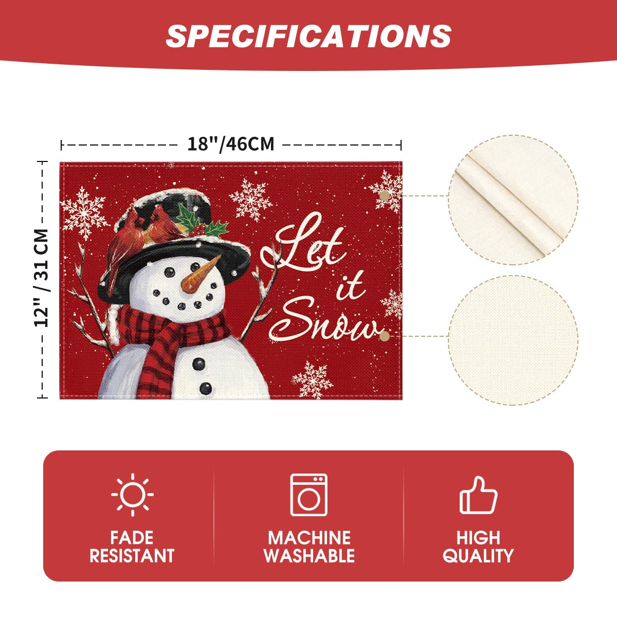 Artoid Mode Red Snowman Let It Snow Winter Placemats Set of 8, 12x18 Inch Seasonal Christmas Holiday Table Mats for Party Kitchen Dining Decoration