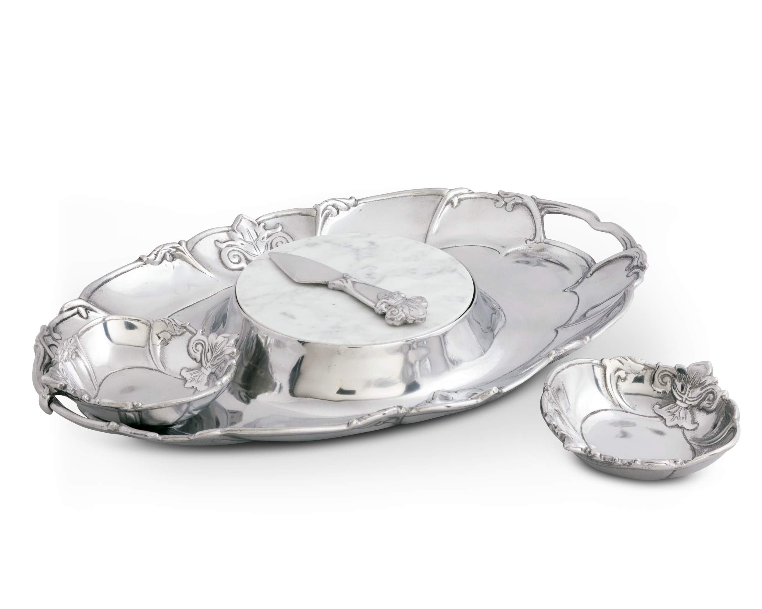 Arthur Court Designs Aluminum Fleur-De-Lis 5-Piece Entertainment Cheese Chip and Dip - Two Bowls, Spreader, Marble, Tray 20 inch x 13 inch