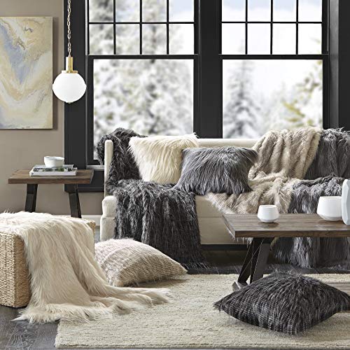 Akro-Mils Edina Pluffy Faux Fur Mohair Decorate Square Pillow with Insert Luxury for Sofa, Bed, Couch, 20x20, Black