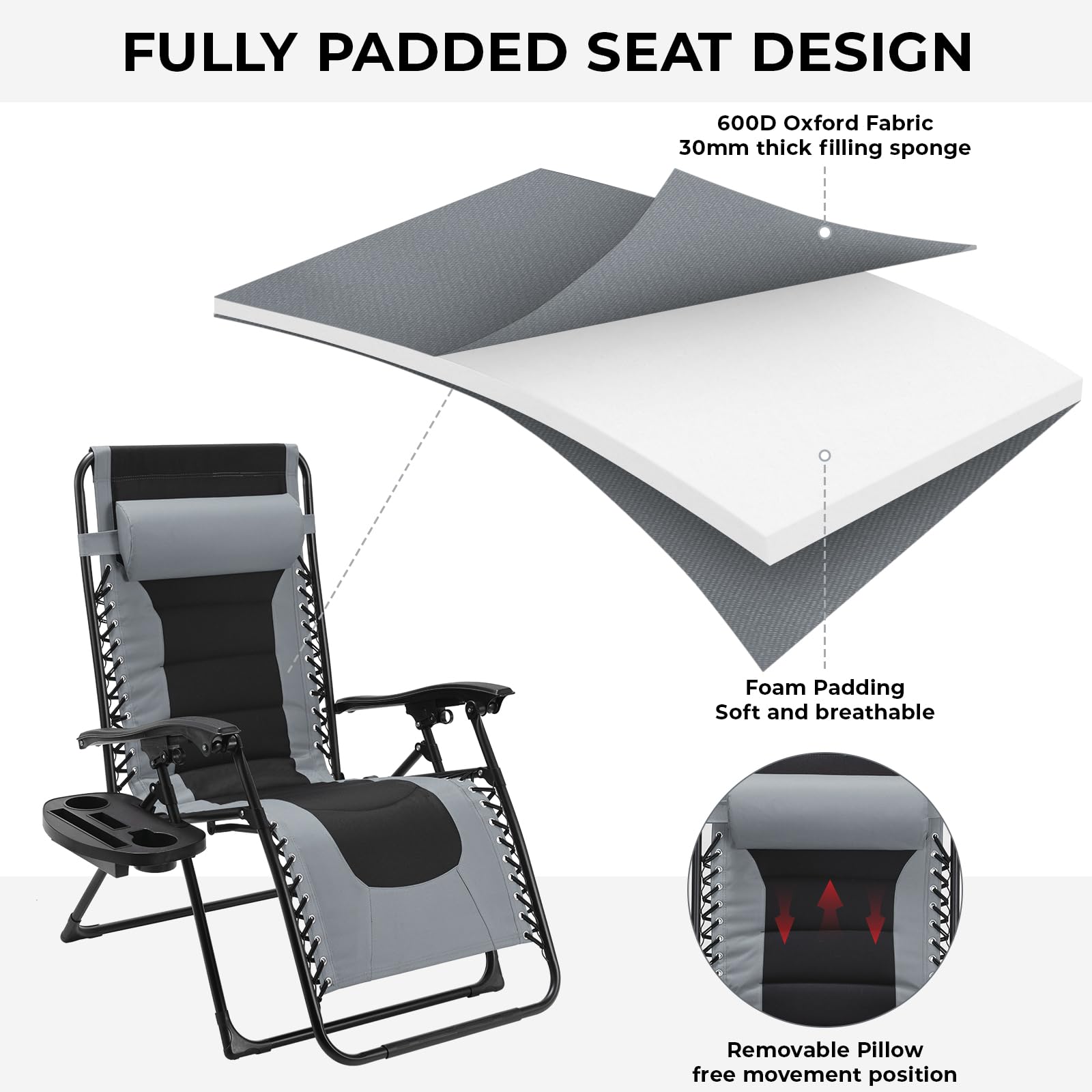 MAMIZO Padded Zero Gravity Chair, Set of 2 Foldable Outdoor Patio Recliner, Anti Gravity Adjustable Lounger w/Removable Pillows and Cup Holder Side Tables, 350 LBS (Grey)