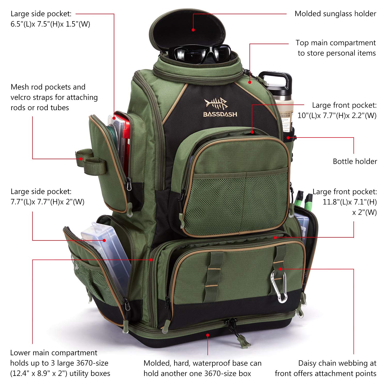 BASSDASH Fishing Tackle Backpack Water Resistant Lightweight Tactical Bag Soft Tackle Box with Rod Holder and Protective Rain Cover