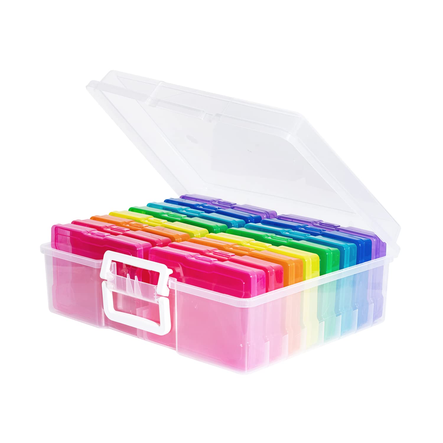 Naivees 4" x 6" Photo Storage Case with Handle, 16 Inner Photo Organizer Keeper, Extra Large Storage Picture Boxes, Seed Storage, Transparent Craft Keeper (Multicolor-16 Pack Inner Box)