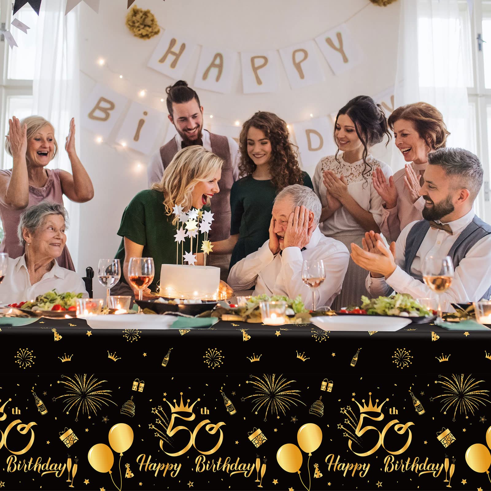 Remagr 6 Pack 50th Birthday Tablecloth Disposable Plastic Happy Birthday Table Cover Rectangular Black and Gold Table Cloths 50th Birthday Decorations Men Women, 54 x 108 Inch(50th)