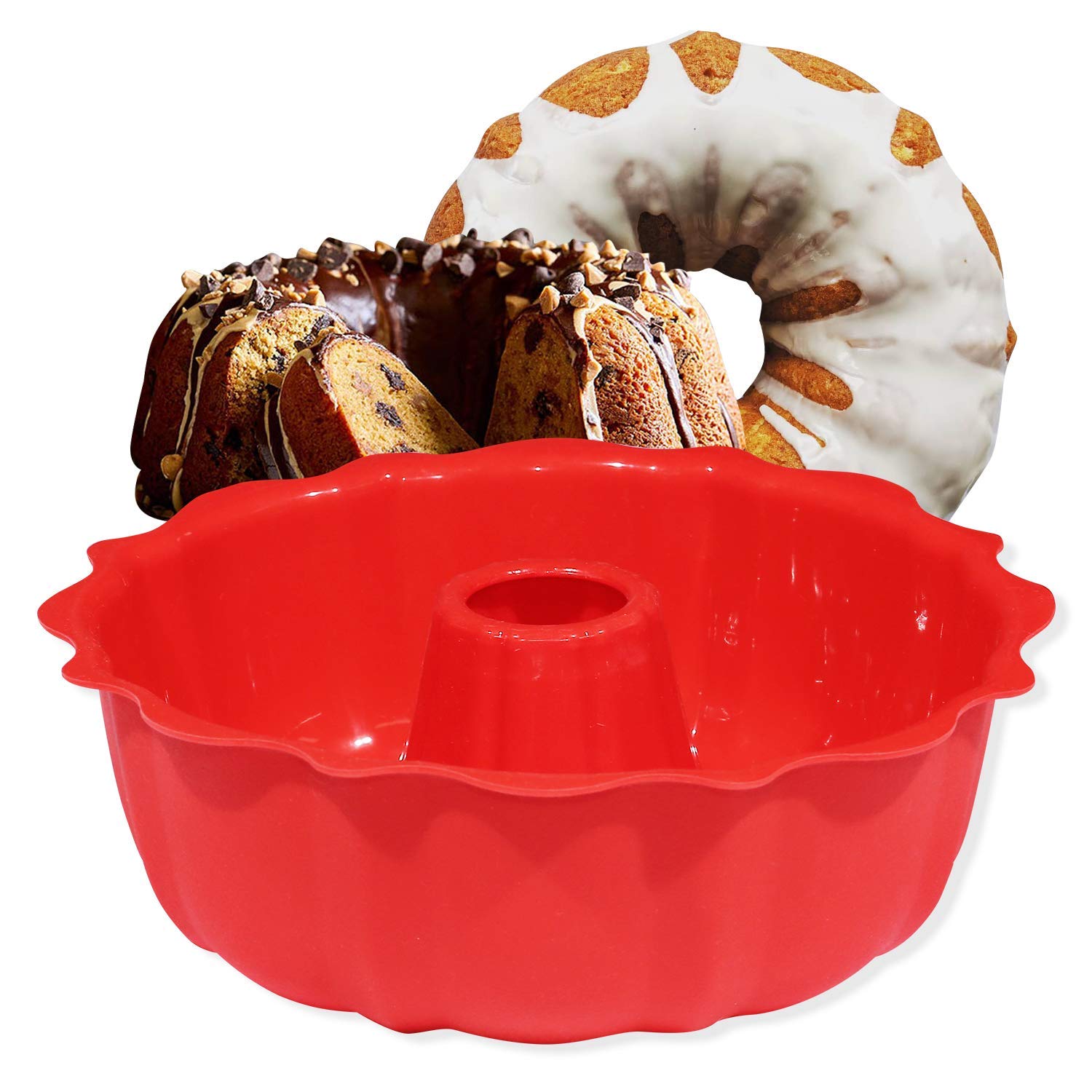Aokinle European Grade Top-Level Silicone Cake Mold, Non Stick 9 inch Fluted Tube Cake Pan for Bakeware for Cake, Jello, Gelatin, Bread, Monkey Bread, Brownie, Round baking pan, BPA Free Bakeware