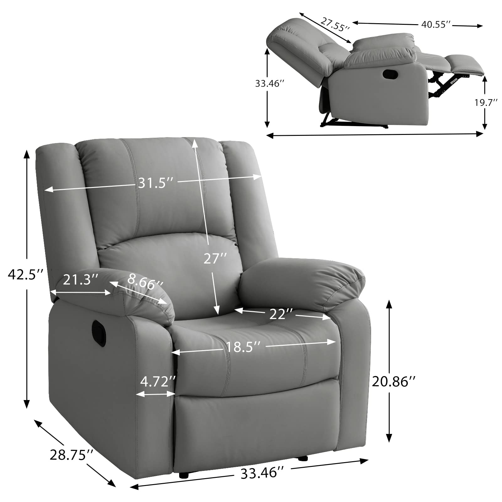ASHOMELI Large Real Leather Recliner Chair, 150 Degree Tilt, Living Room Bedroom Sofa Recliner (Dark Grey)