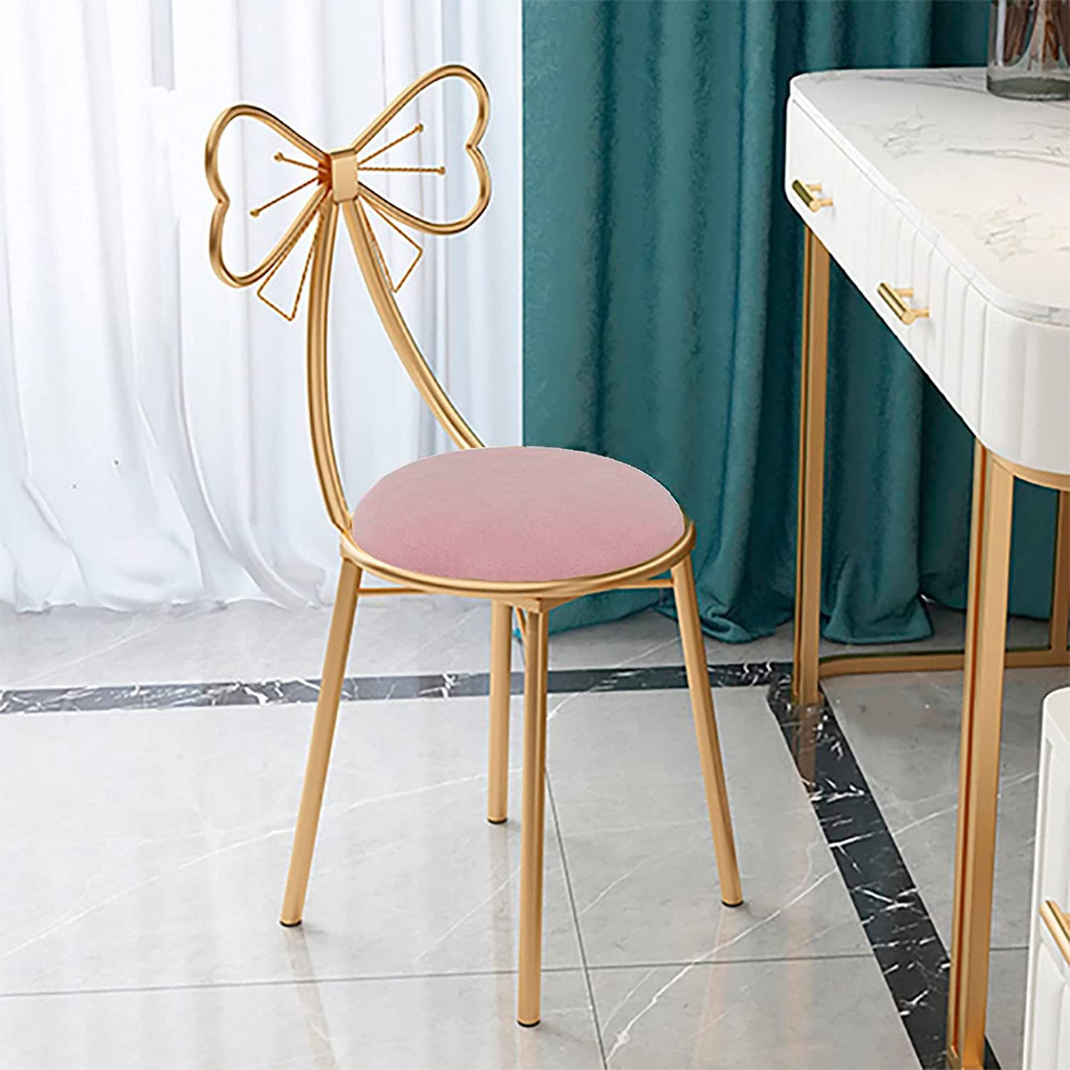 DUANY STORE Makeup Vanity Girl Chairs Stool for Bedroom with Bow Knot Backrest,Side Table Seat Dressing Chair with Golden Metal Leg,Velvet Cushion for Girl Daughter Room