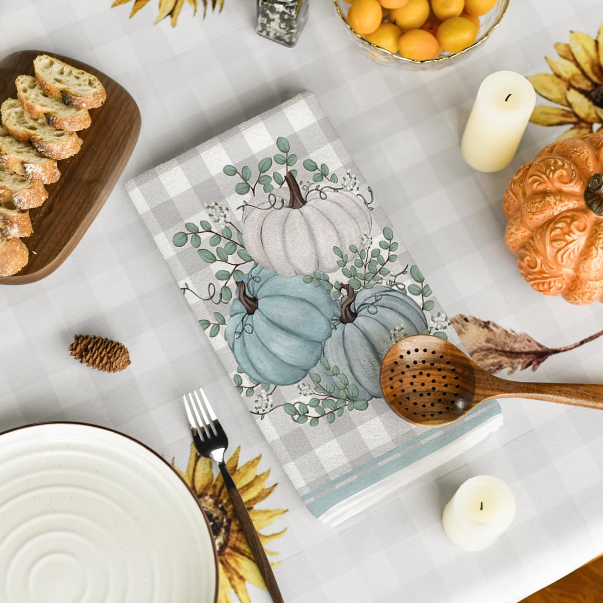 Artoid Mode Hello Pumpkin Eucalyptus Leaves Fall Kitchen Towels Dish Towels, 18x26 Inch Autumn Thanksgiving Harvest Tea Hand Towel Set of 2