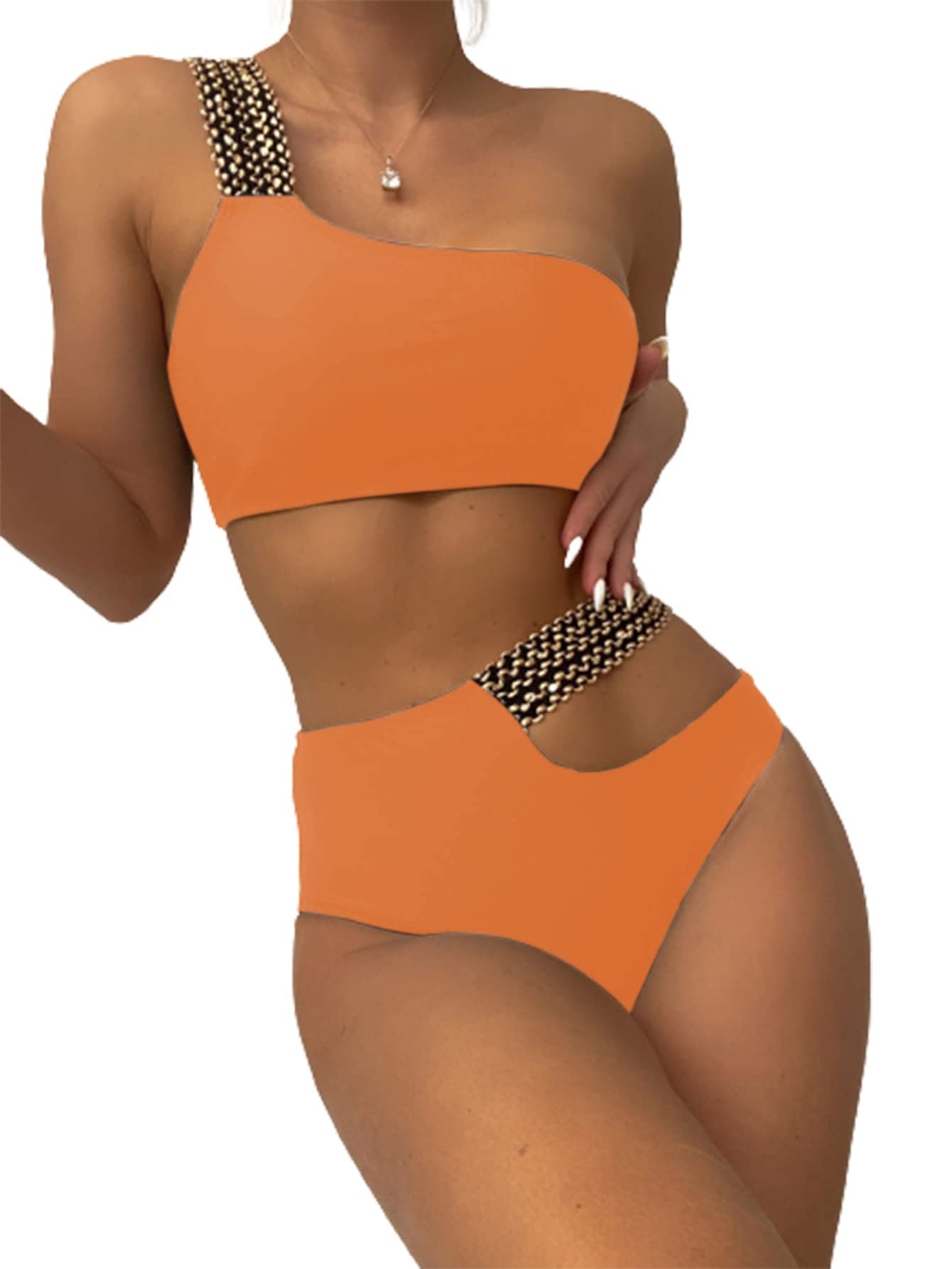 Avanova Women's Sexy One Shoulder Bikini Set Cut Out High Waisted 2 Piece Swimsuit Bathing Suit Orange Small