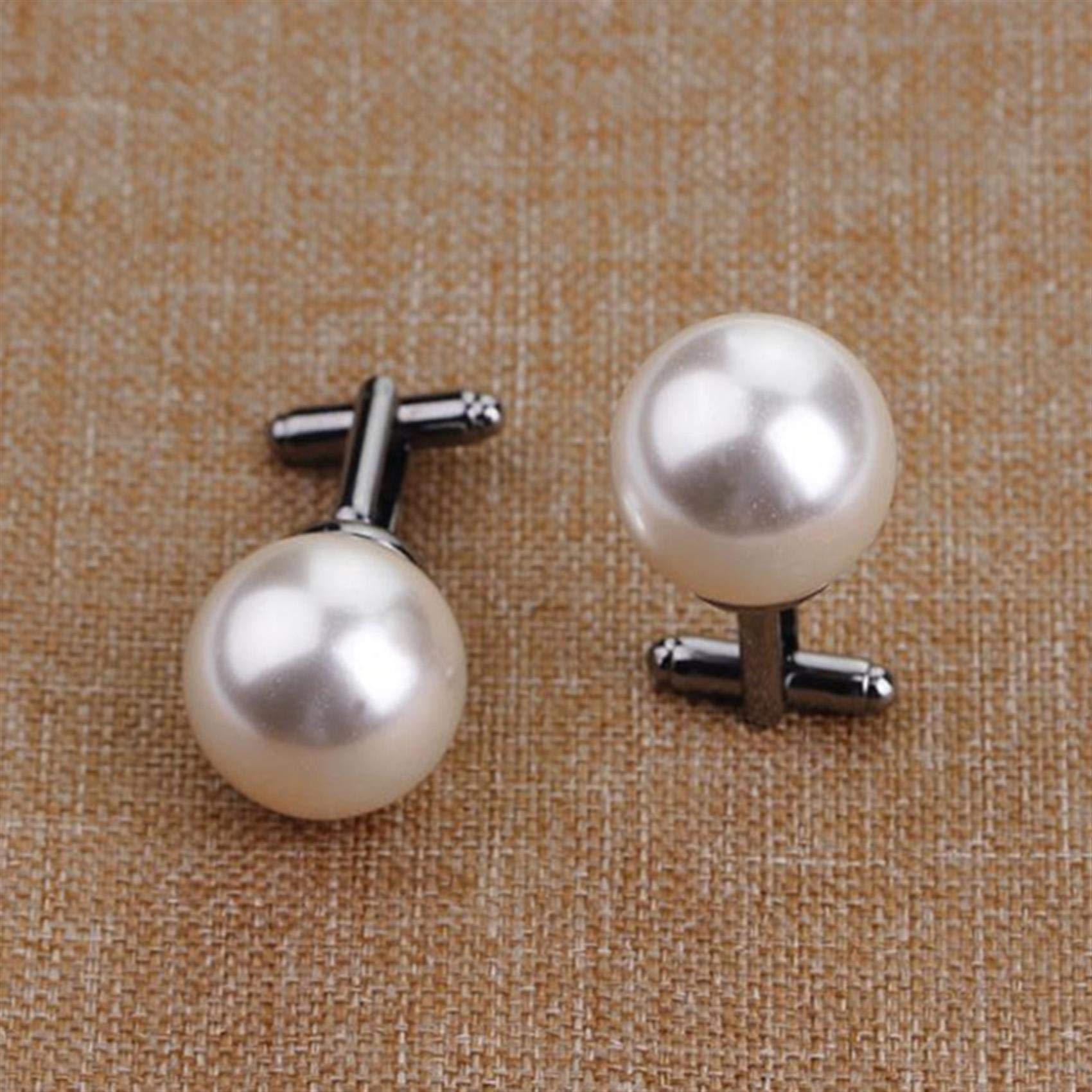 Atmneris Woman Men's Simulated Pearl Cufflinks and Studs for Shirts Business Wedding Formal Suit Cuff Link,Silver