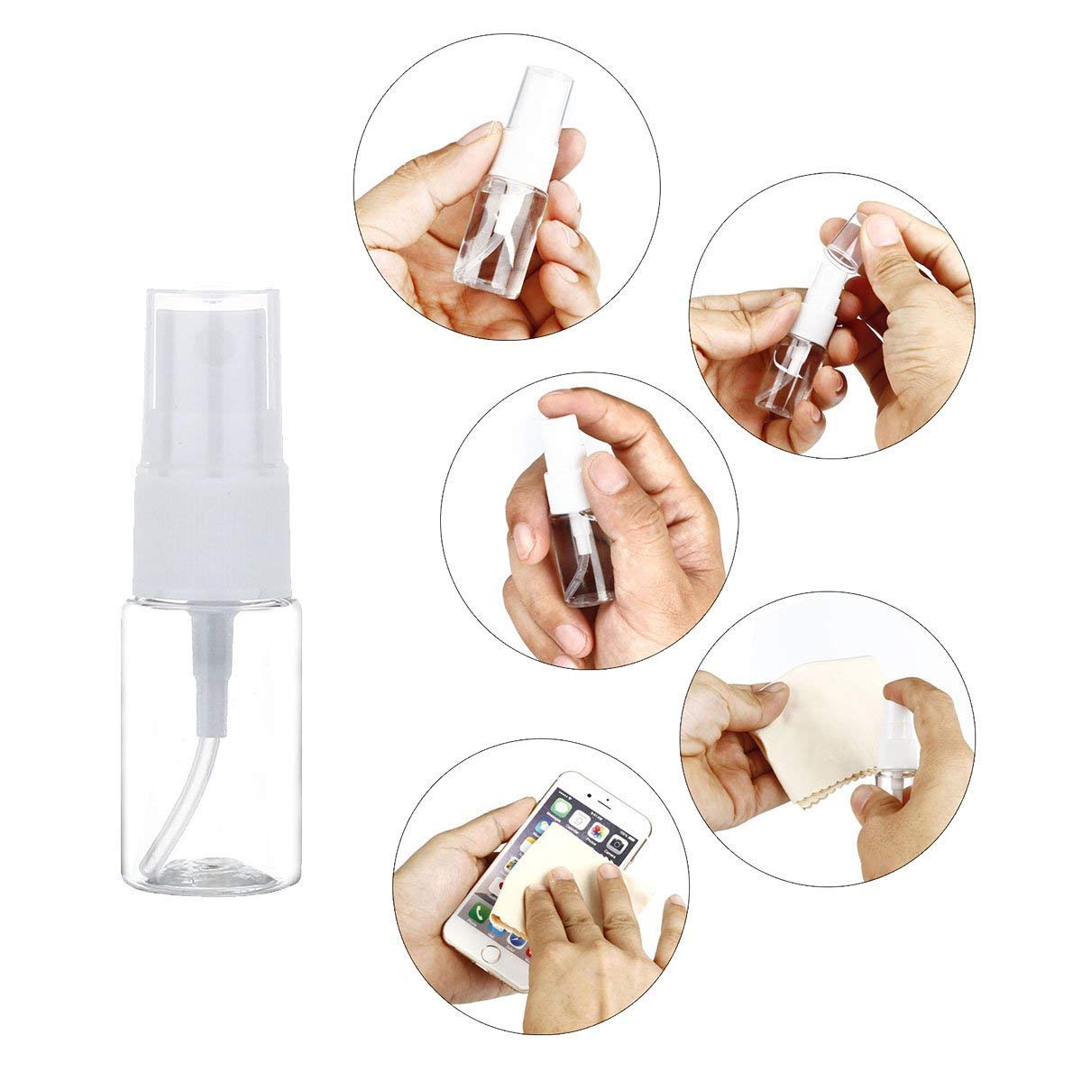 waka 12 Pack 0.35oz/10ml Empty Small Spray Bottle, Clear Plastic Fine Mist Mini Spray Bottle for Travel, Cleaning, Essential Oils, Perfume + Microfiber Cleaning Cloth