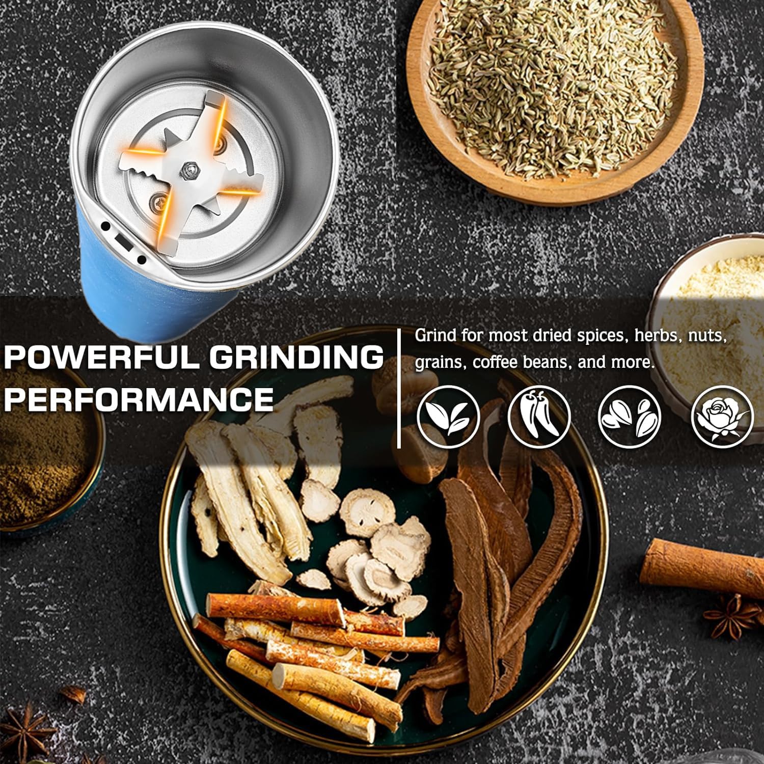 Electric Herb Grinder 200W Powerful Fast Grinding for Dry Spices Flower Buds with Brush, Easy On/Off One-Touch Push Button Powder Grinder Perfect For Herbs, Spices, Nuts, Grains and Coffee Beans