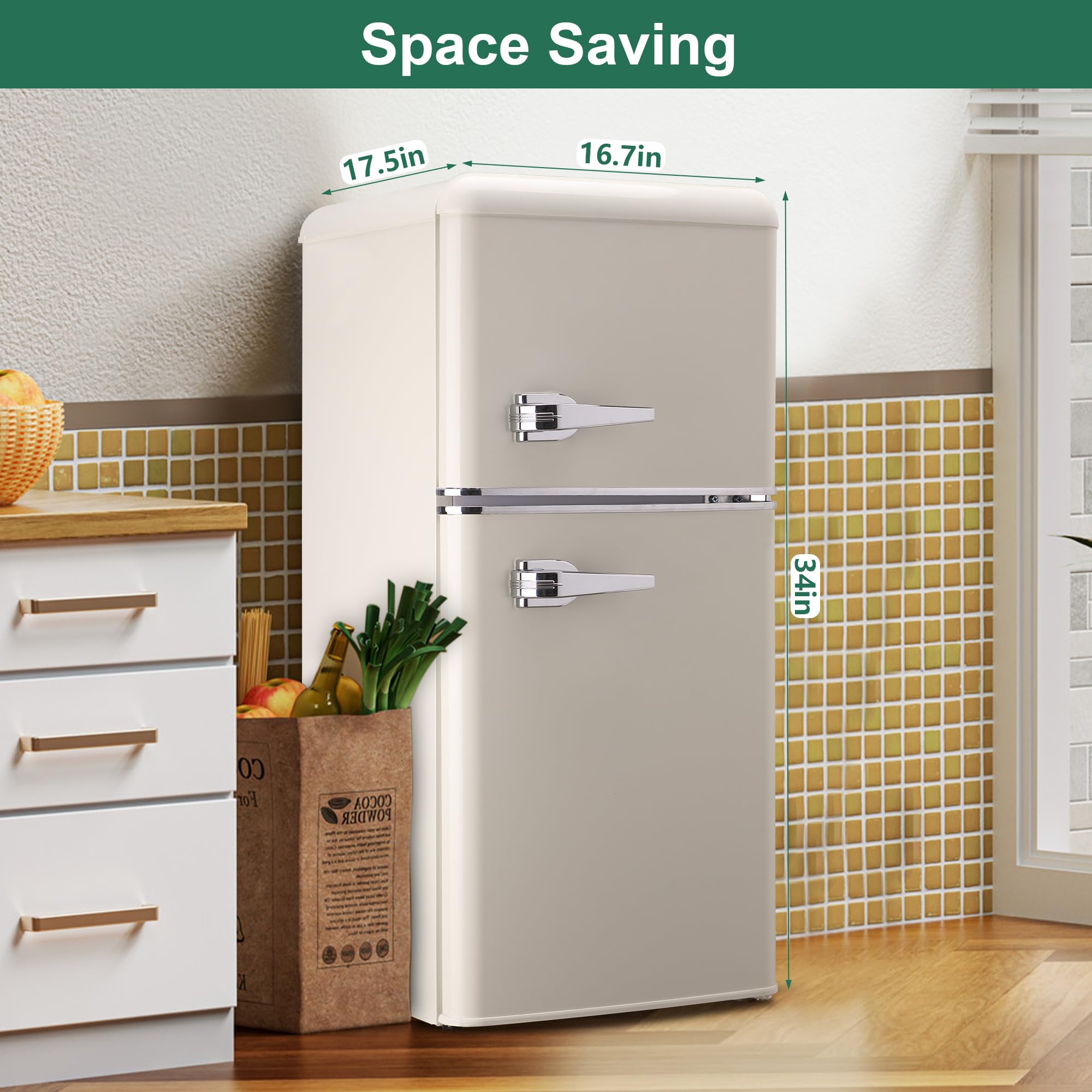 rosmena Retro Mini Refrigerator with Freezer, Retro Mini Fridge 2-Door Compact Refrigerator Freezer 3.5 Cu. Ft. Retro Mini Fridge with Adjustable Thermostat & Shelves for Kitchen,Dorm,Office(Cream)