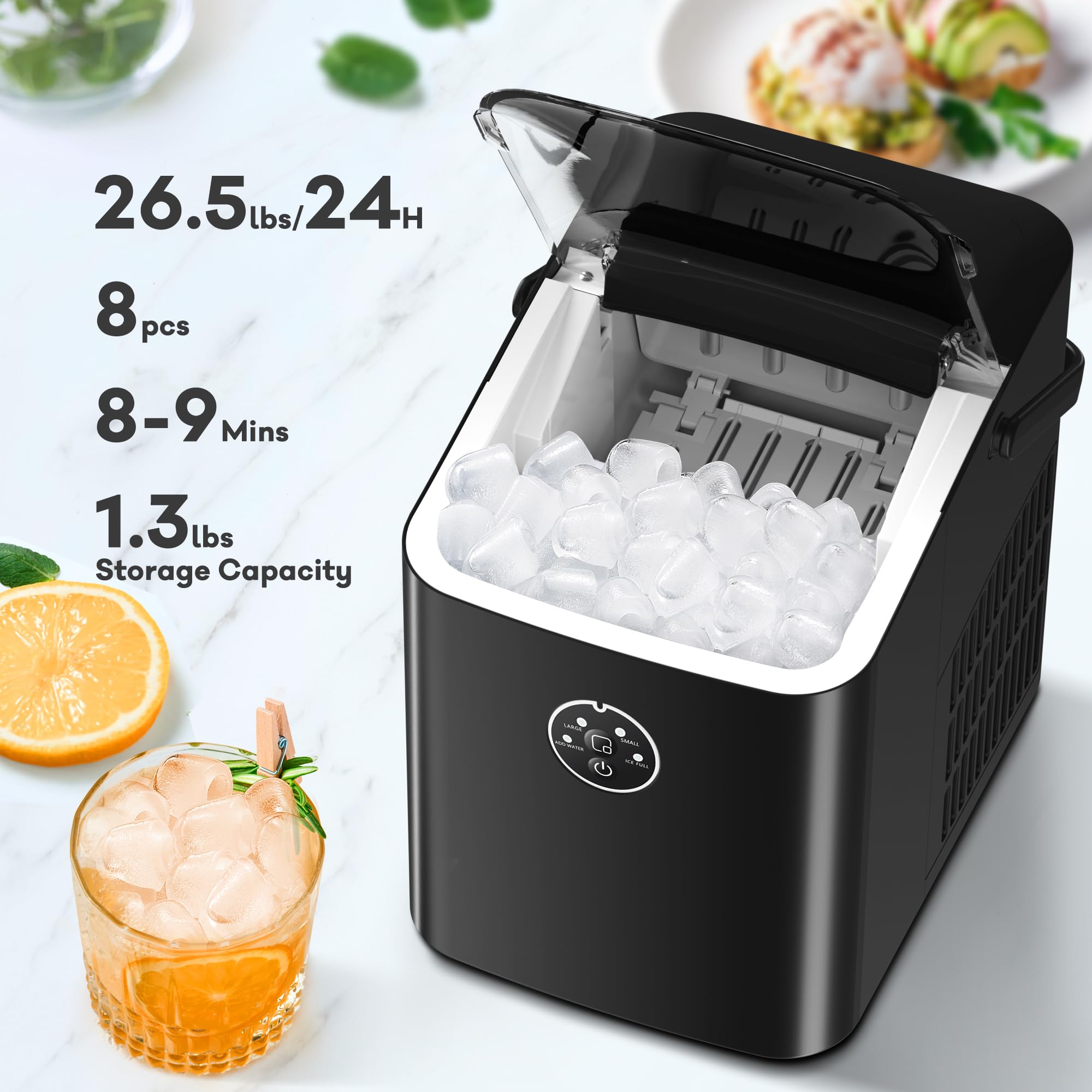 ZAFRO Countertop Ice Makers,Ice Maker Machine 8 Bullet Ice of 2 Sizes in 9 Mins, 26.5lbs/24H, Portable Ice Maker Self-Cleaning,with Scoop,Handle and Basket,Black
