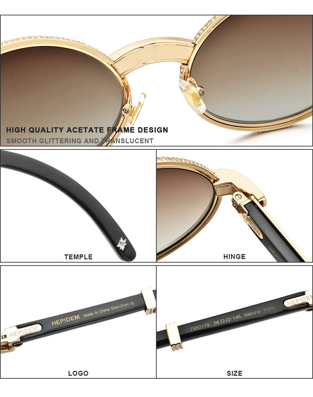 HEPIDEM 100% Really Buffalo Horn Luxury 720pcs Diamonds Sunglasses (White Frame Gradient Gray Lens)