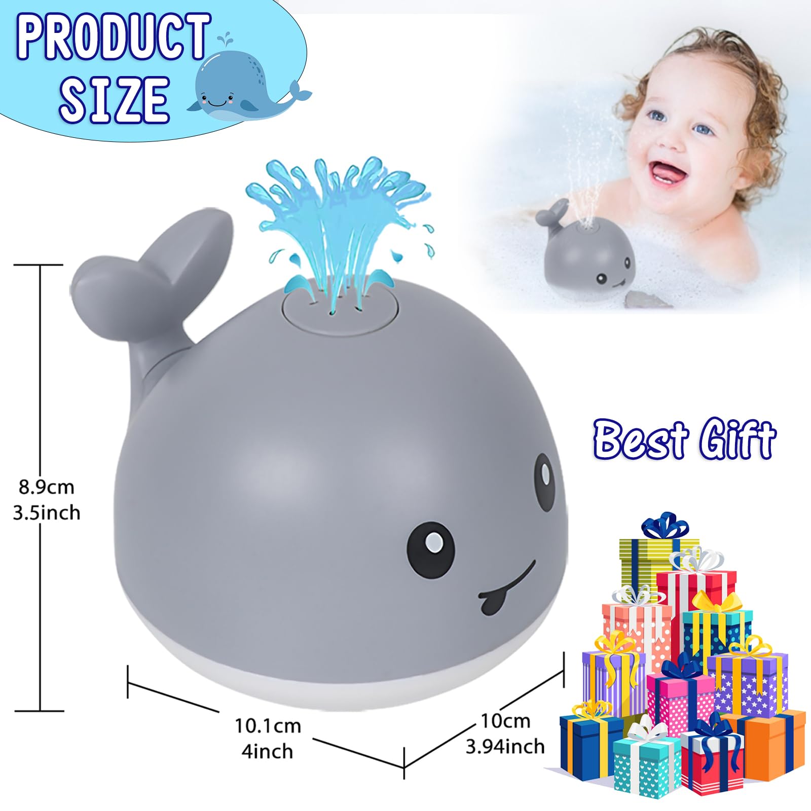 AOLIGE Baby Light Up Bath Toys for Kids (2pcs) Whale Bath Toy Sprinkler Induction Sprinkler Bathtub Toys (2PCS White & Grey Whale)