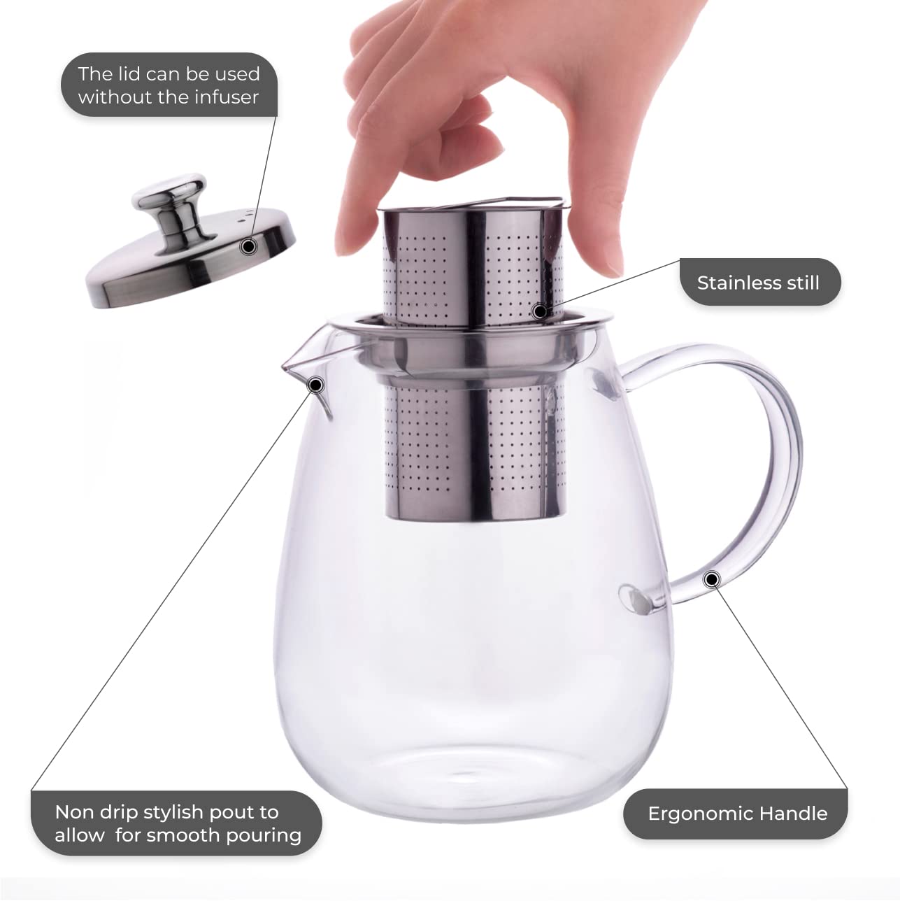 Aserson 1000 ml/33 oz Glass Teapot, Heat Resistant, Stainless Steel Infuser, Handmade, Leaf Tea Brewer, Borosilicate Glass, Stovetop Teapot and Microwave Safe