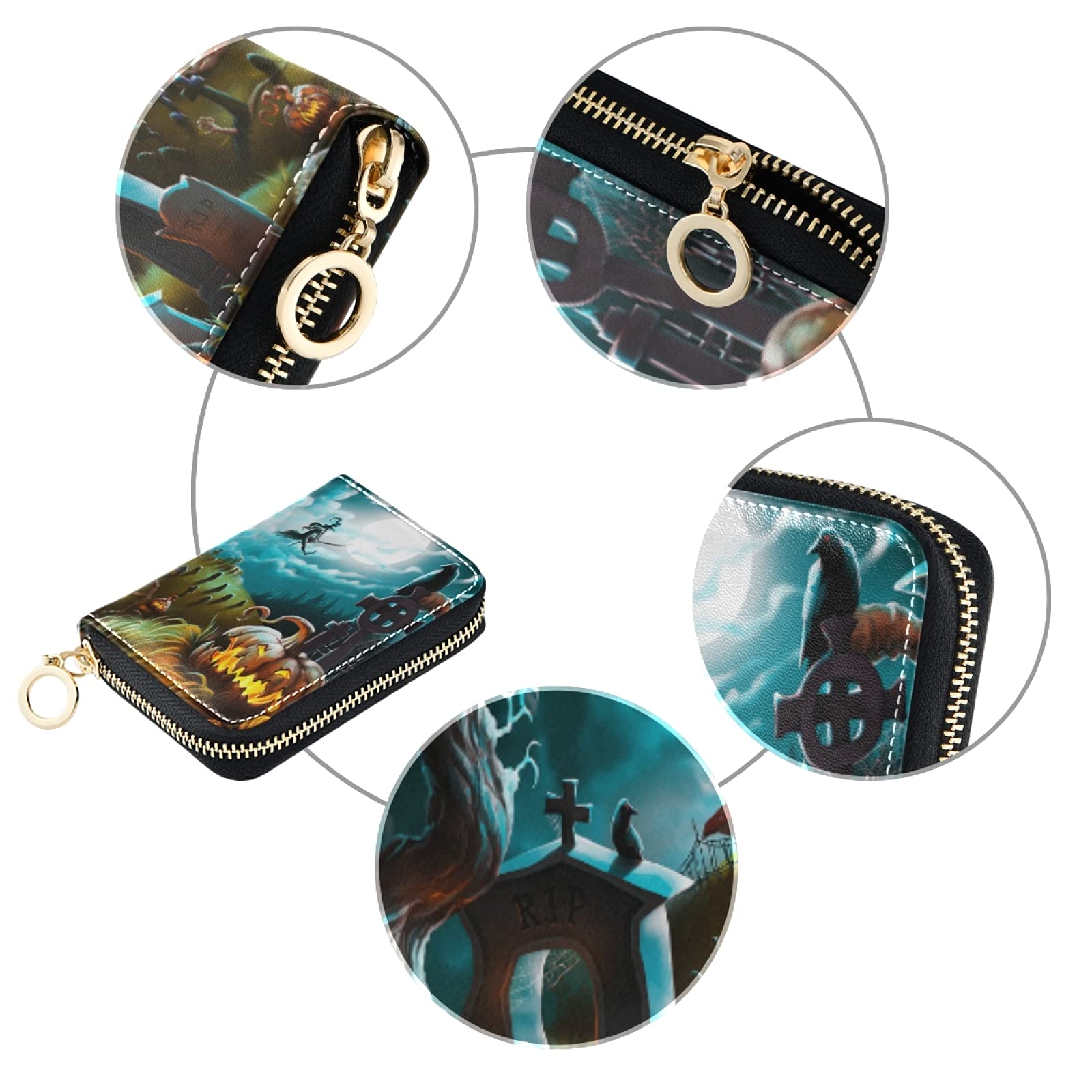 Halloween Night Mystery Graveyard Grey Credit Card Coin wallet, RFID Blocking Compact Women Leather Card Holder, Key Change Organizer, Zipper Purse Clutch Pouch Pocket
