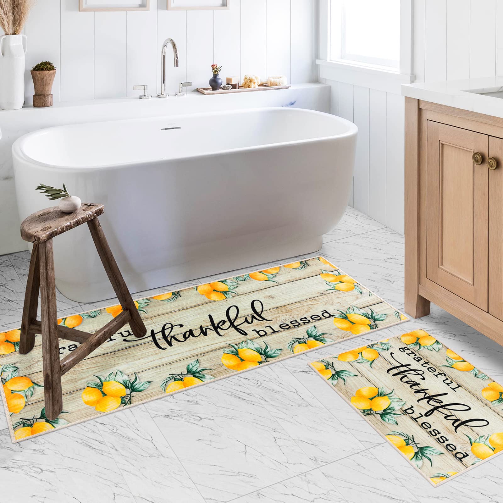 Asrug 2 Pieces Kitchen Rug Set Non-Slip Backing Mat Natural Design Throw Rug for Kitchen Doormat Runner Rug Set, Lemon Design, 17"x48"+17"x24"