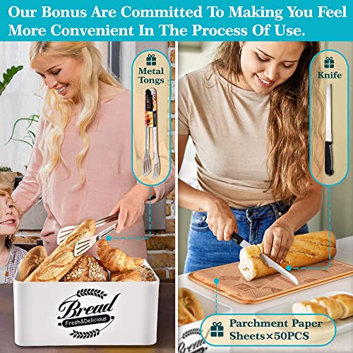 AOSION Metal Bread Box for Kitchen Countertop, All-In-One Large Bread Boxes with Bamboo Cutting Lid, Bread Storage Fresher For Longer, White