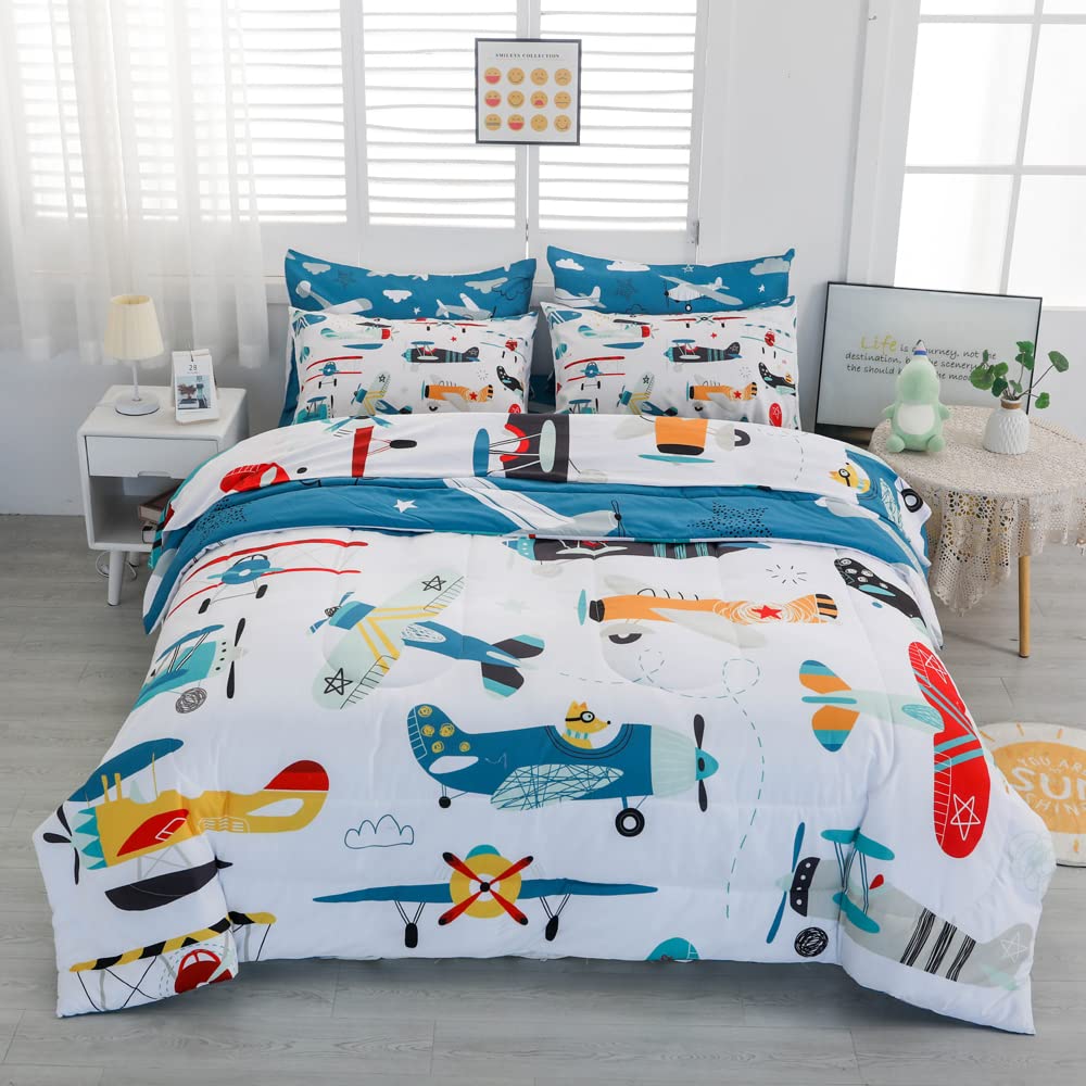 Yasida 7 Piece Airplane Comforter Set for Boys and Girls,Comforters Twin Size Bed in a Bag, Microfiber Kids Bedding for All Season (1 Comforter, 1 Flat Sheet, 1 Fitted Sheet, 4 Pillowcases)