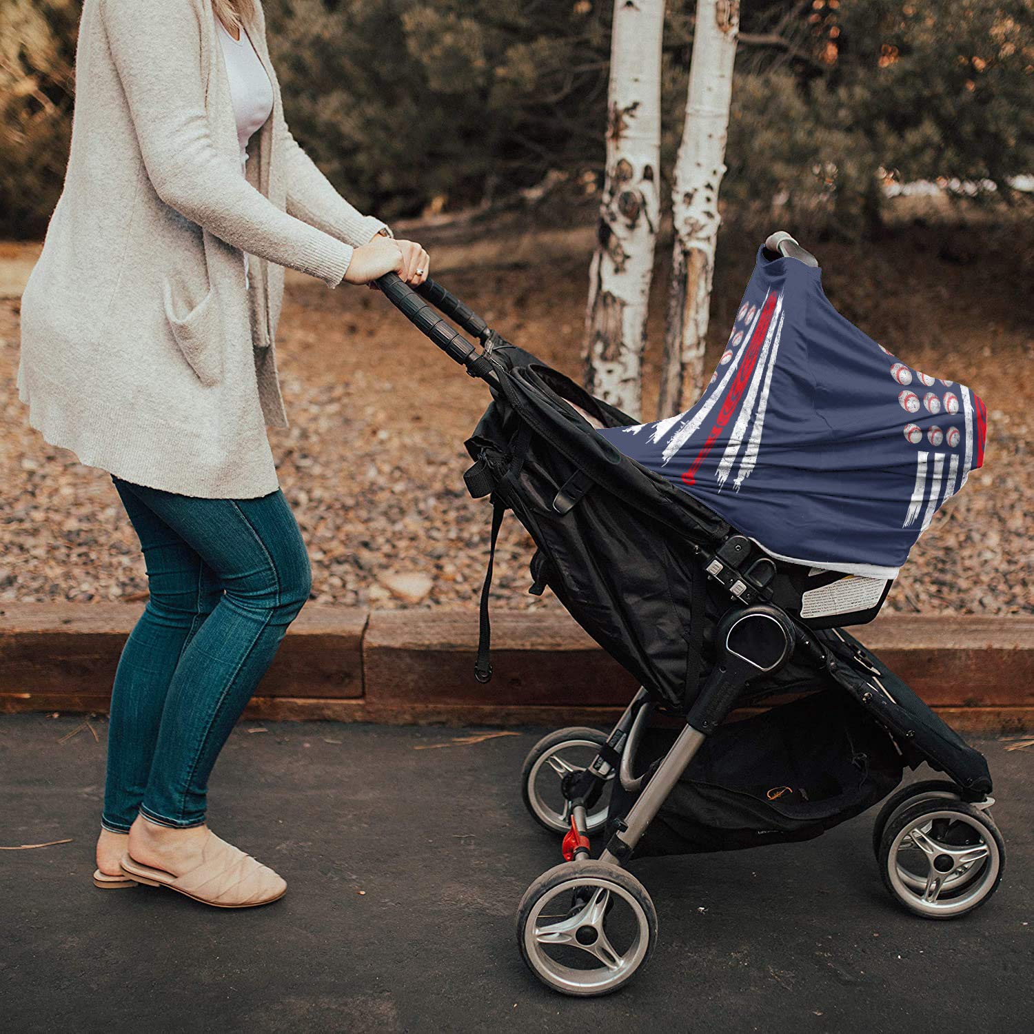 Baby Car Seat Covers American Flag, Nursing Cover Breastfeeding Scarf/Shawl, Infant Carseat Canopy, Stretchy Soft Breathable Multi-use Cover Ups, Baseball Blue White Stripe