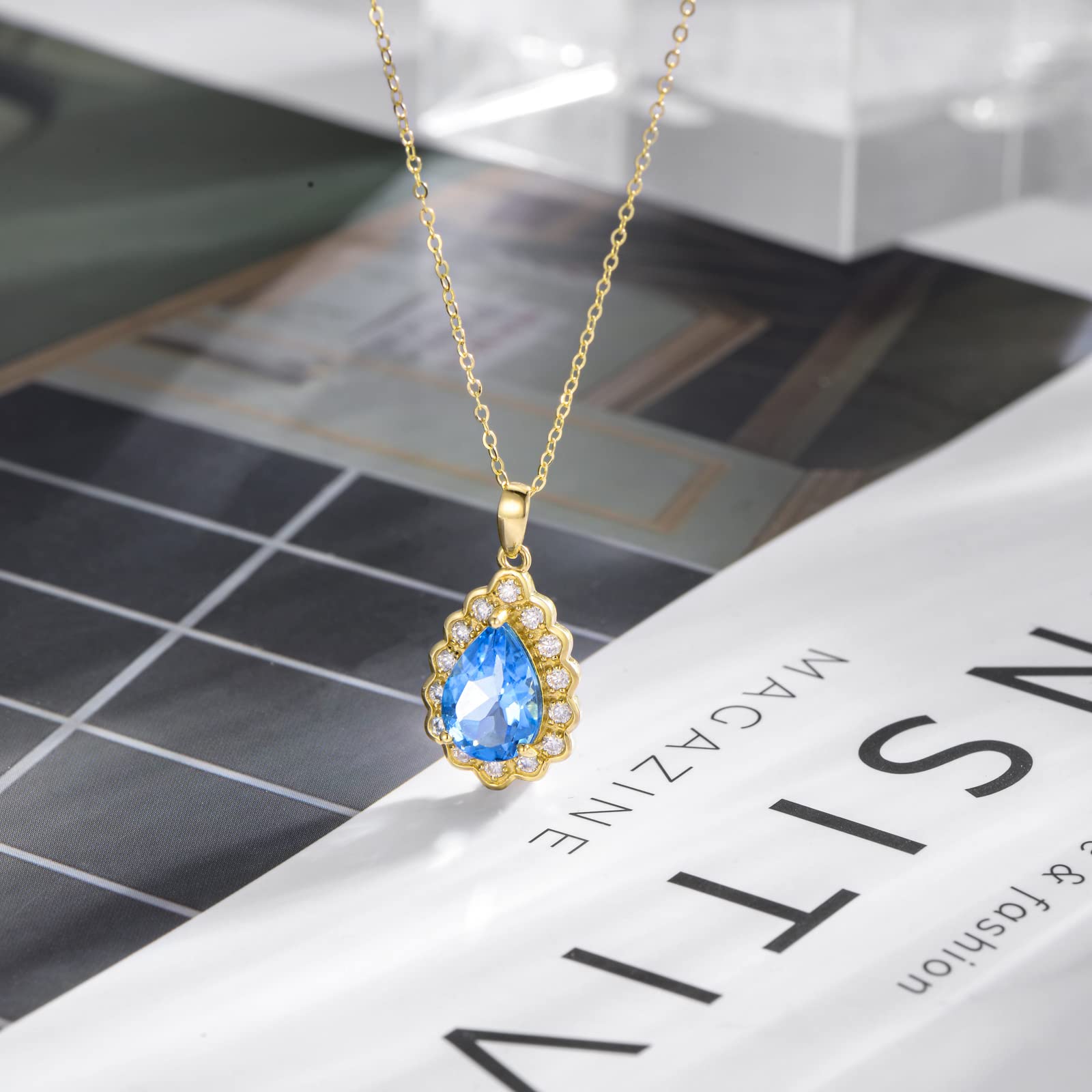 Ayafee 14K Real Gold Blue Topaz Necklace Sparkling Gemstone Pendant Elegant and Timeless Jewelry Gift for Women