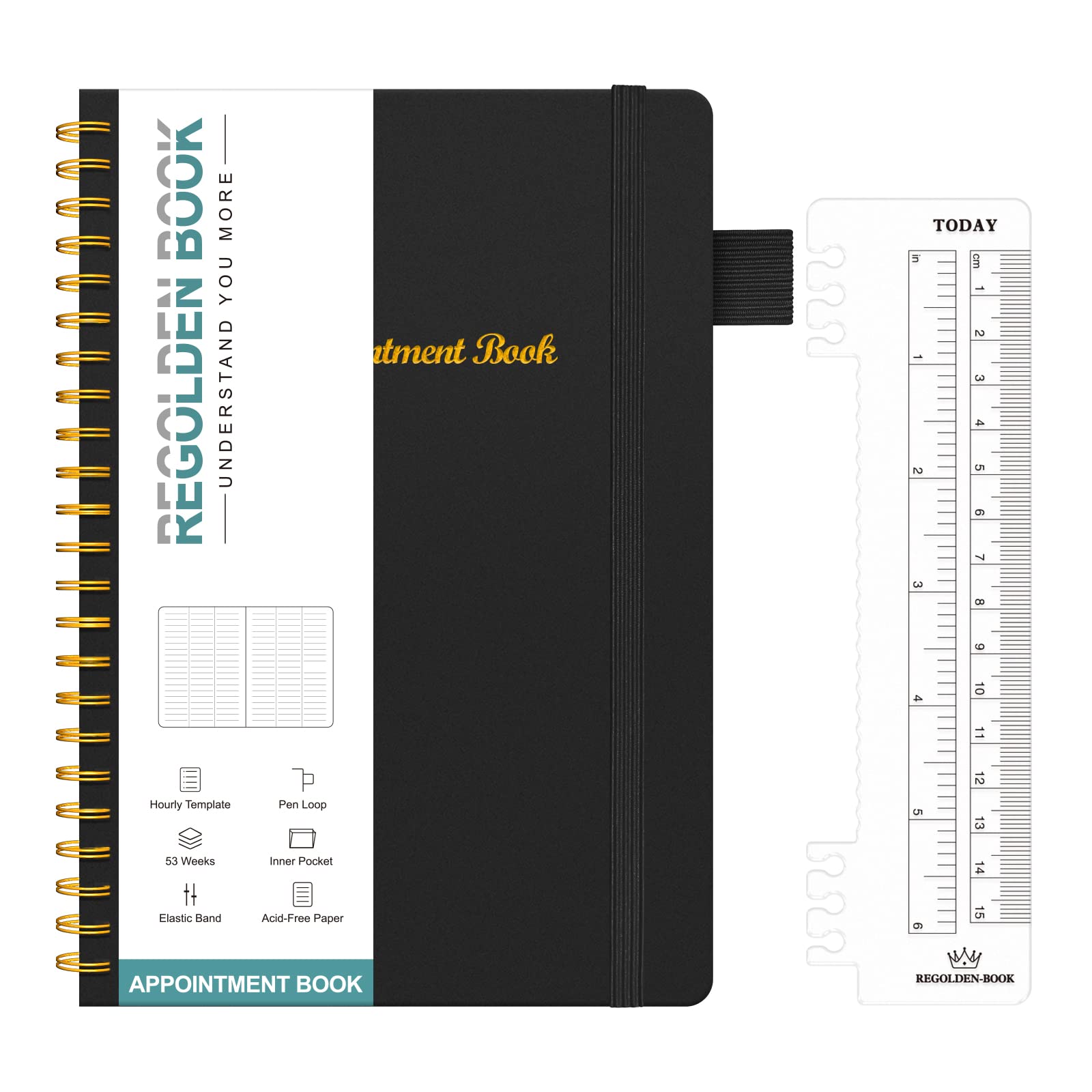 Appointment Book Undated Planner , Regolden-Book Daily Hourly Schedule Planner with 30-Minute Increments, Appointment Hardcover notebook with Weekly Templates, Hardcover, Spiral Binding Notebook for Man & Women, Pen Loop, Inner Pocket 53 Weeks (5.5x8.5”)