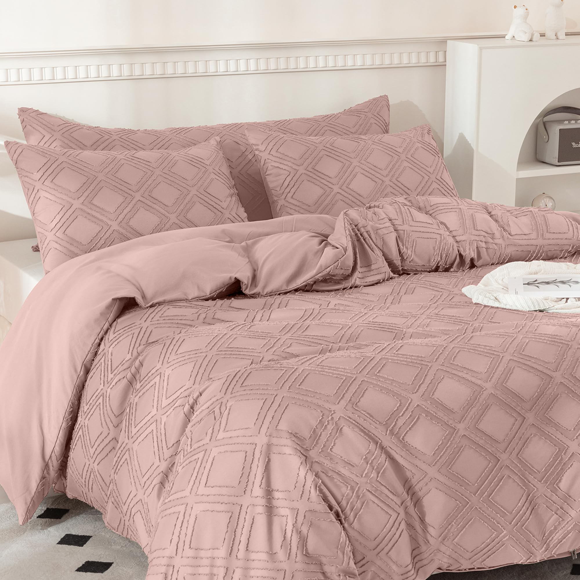 JELLYMONI Pink Duvet Cover King Size - Microfiber Tufted Duvet Cover Set, Boho Textured Duvet Cover Jacquard Rhombus Geometric Pattern Duvet Cover with Corner Ties & Zipper Closure