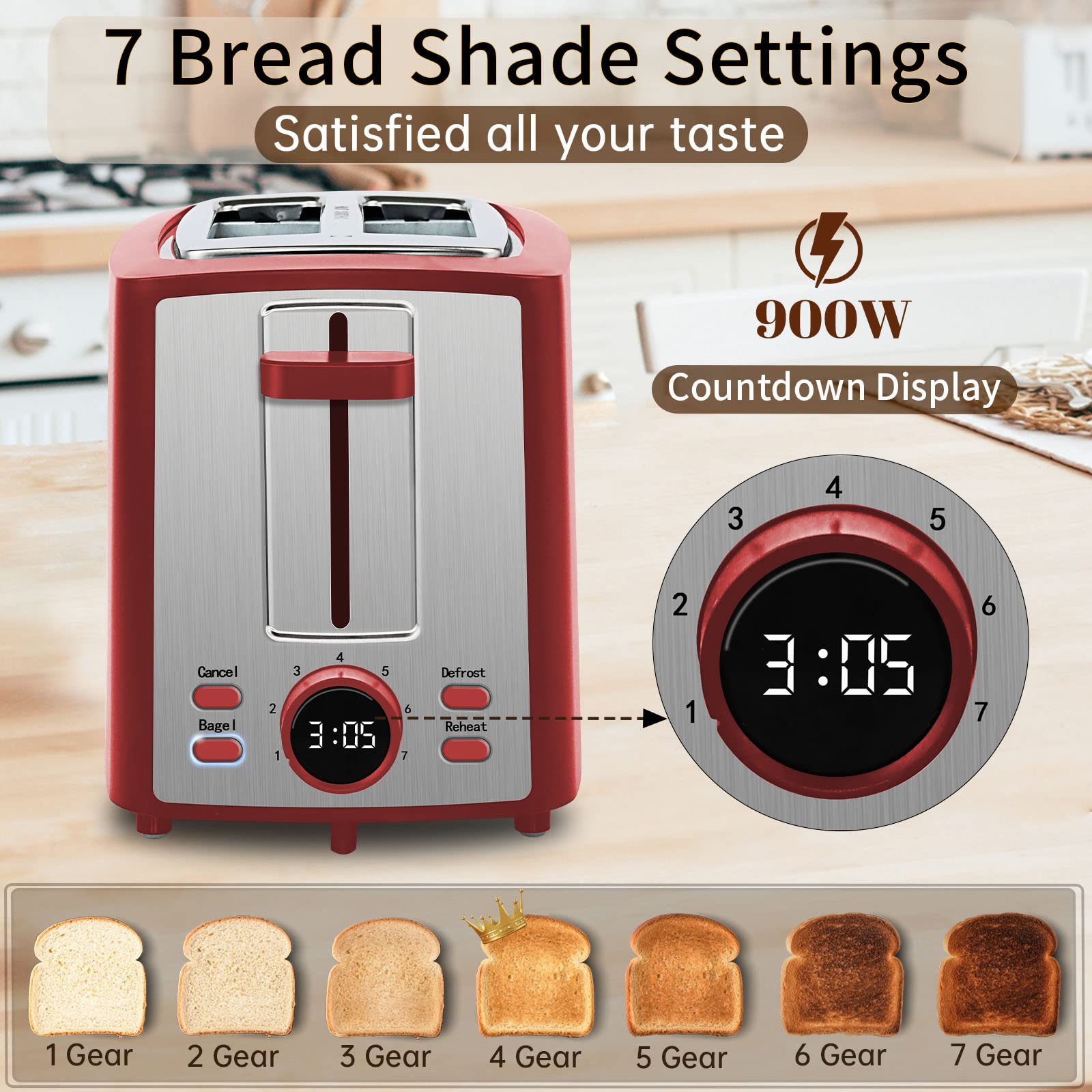 SEEDEEM Toaster 2 Slice, Bread Toaster with LCD Display, 7 Shade Settings, 1.4'' Variable Extra Wide Slots Toaster with Cancel, Bagel, Defrost, Reheat Functions, Removable Crumb Tray, 900W, Retro Red