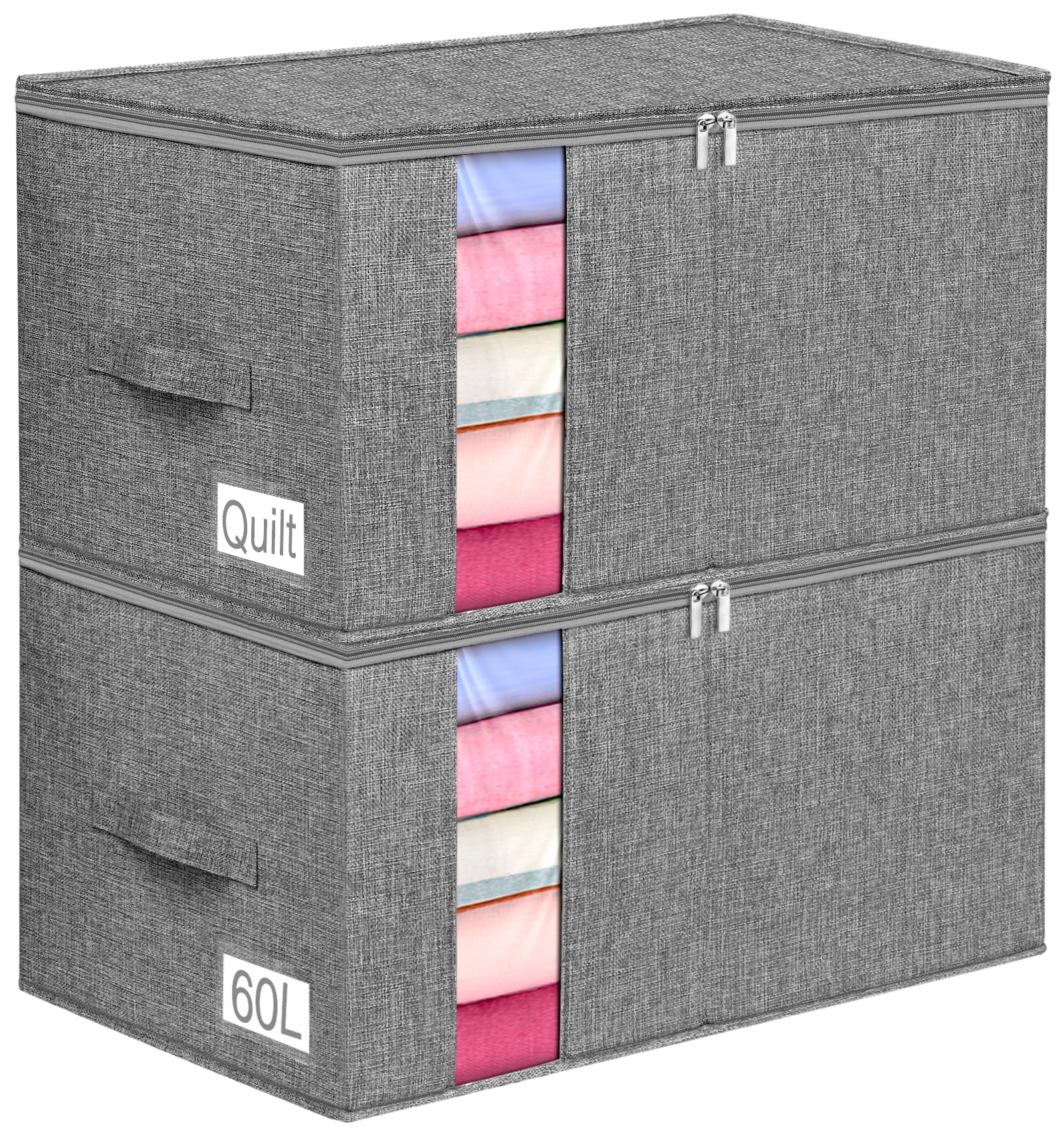 boailydi Blanket Storage, 60L Comforter Storage Bag With Dual Zipper & Side Support, Sturdy Clothes Storage Bin For King Size Comforters Sweater Sheet Bedding Clothing Quilt Pillow, Set of 2 - Grey