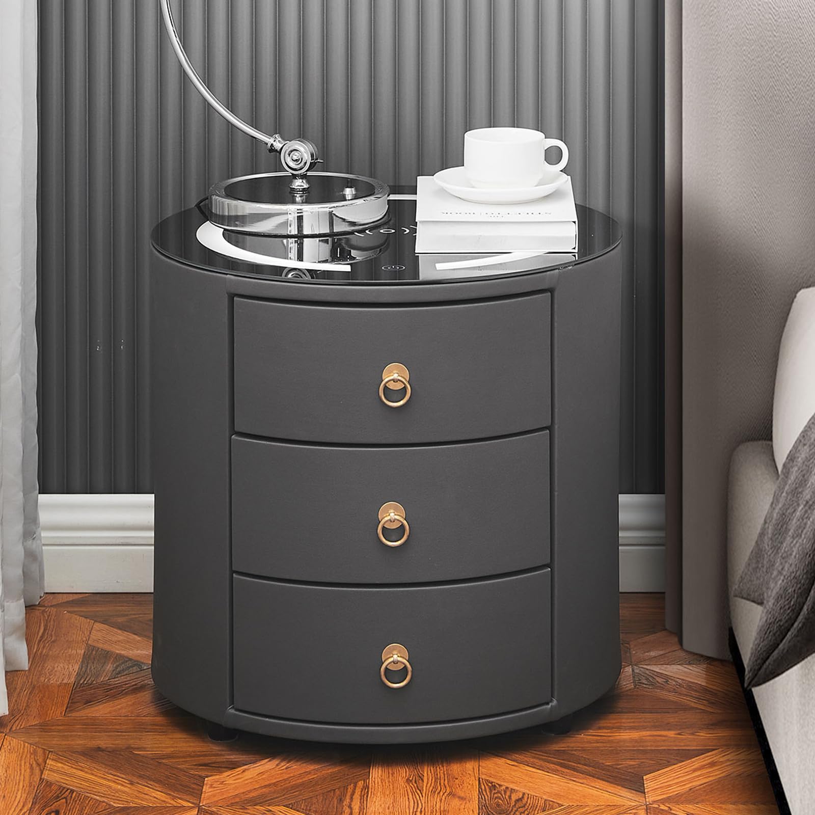 CLIPOP Modern Nightstand with 3 Drawers, Smart Nightstands with Wireless Charging Station, Adjustable Led Light, Faux Leather Surface Bedside Table No Assembly, Dark Grey