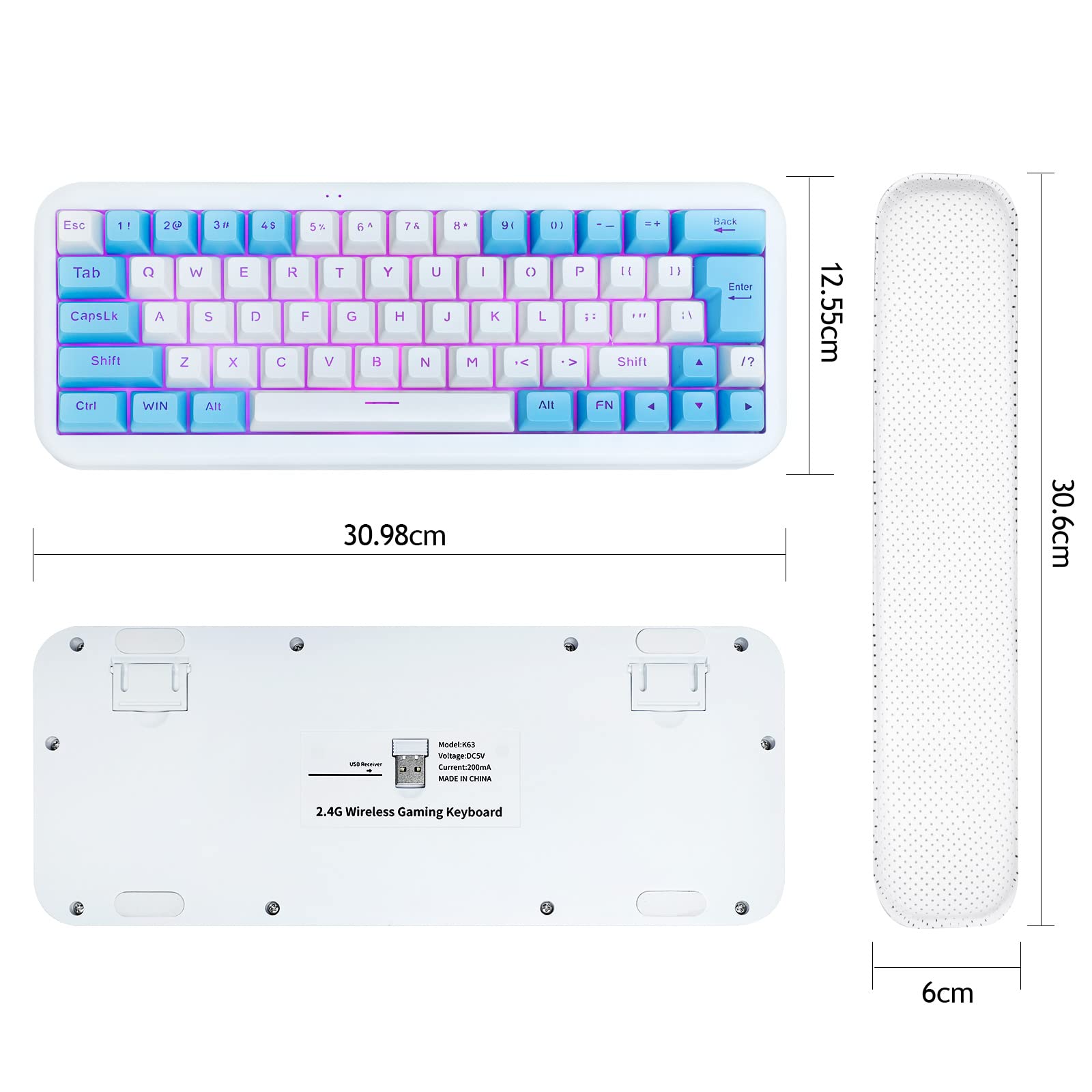 Apuode 60% Wireless Gaming Keyboard, RGB Backlit Ultra-Compact Mini Keyboard with Wrist Rest, Waterproof Mini Compact 61 Keys Keyboard for PC/Mac Gamer, Easy to Carry on Business Trip(White)