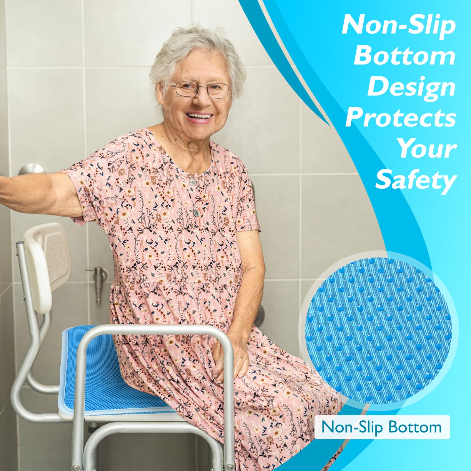 Shower Chair Cushion,3D Mesh Upholstered Transfer Stool Cushion,Foam Cushion with Hooks,Machine Washable Shower Stool Cushion for Elderly,Leg Injuries, Disabled (Cushion Only)