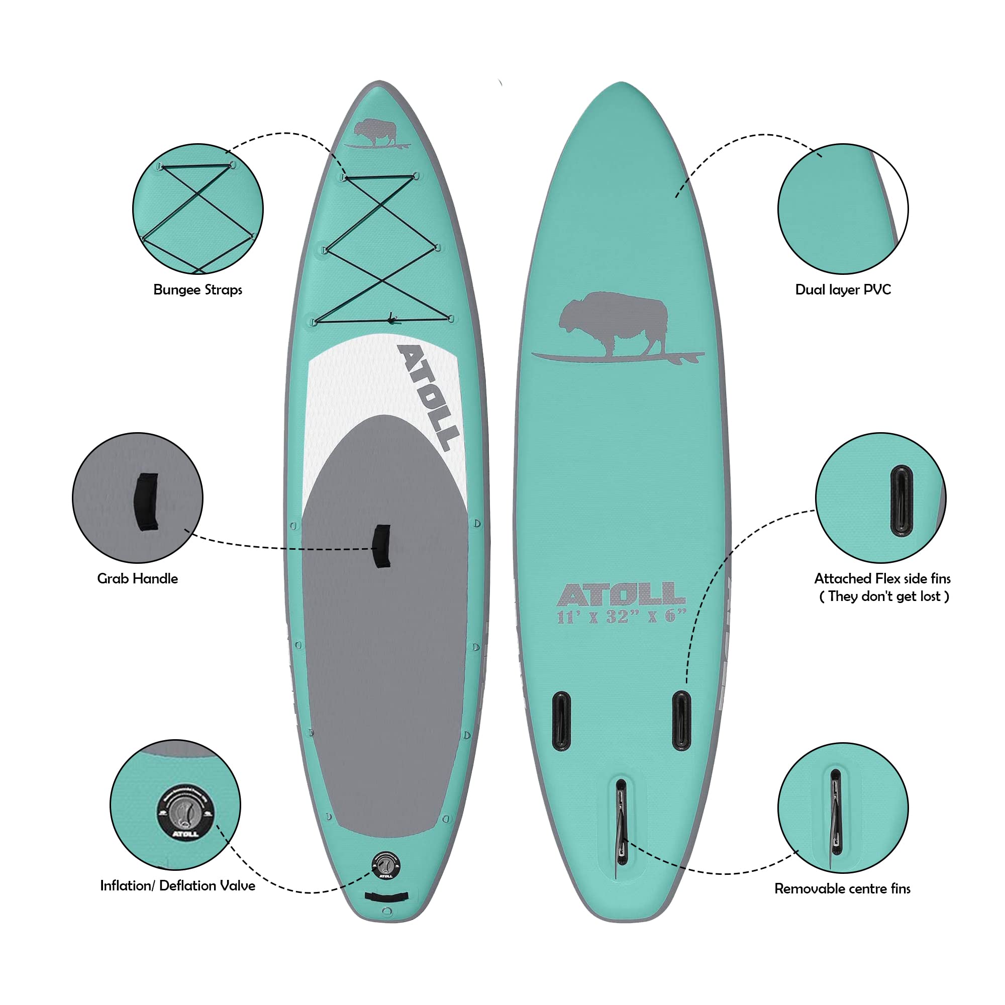 Atoll Inflatable Paddle Board with Premium SUP Stand Up Paddle Board Accessories & Back Pack, Non-Slip Comfort Deck for Unisex Adult - 11ft (Desert Sand)