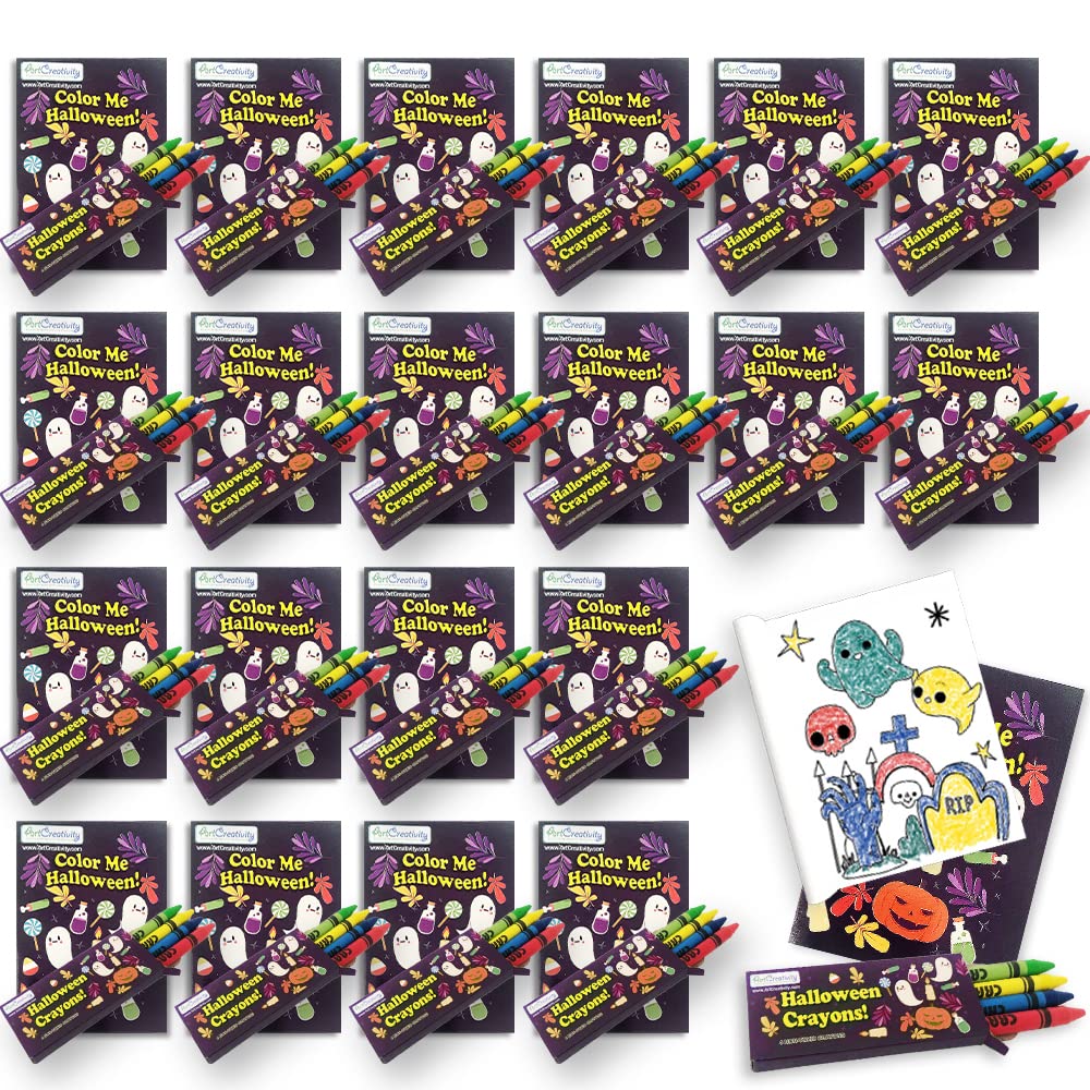 ArtCreativity Bulk 24 Pack Halloween Mini Coloring Book Kit, Each Set Includes 1 Small Coloring Booklet & 4 Crayons, Great Halloween Party Favors, Halloween Gifts for Kids & Non-Candy Halloween Treats